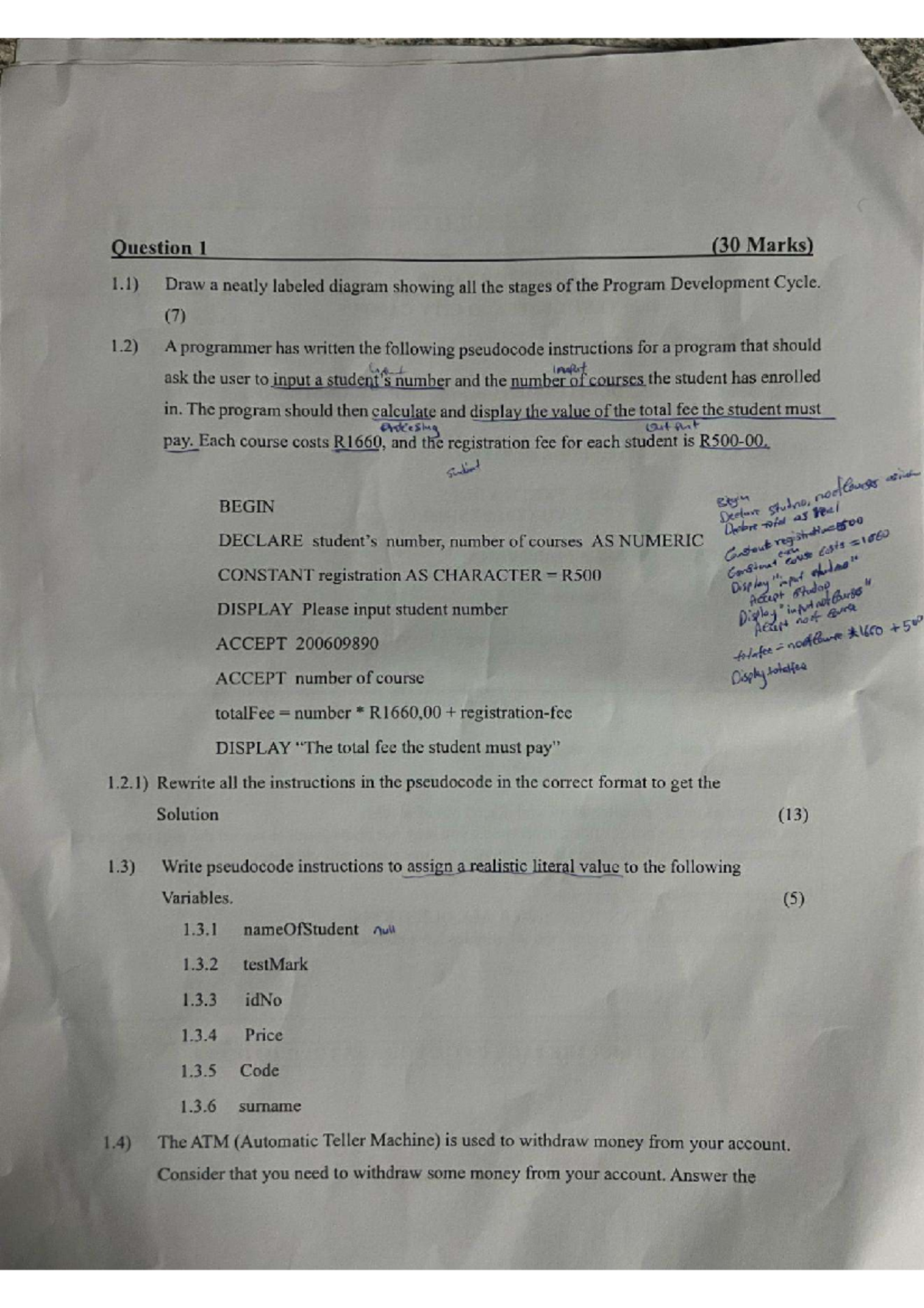Split PDF 080425 6 - Pseudocode questions - Question 1 (30 Marks) 1) Draw a neatly labeled ...
