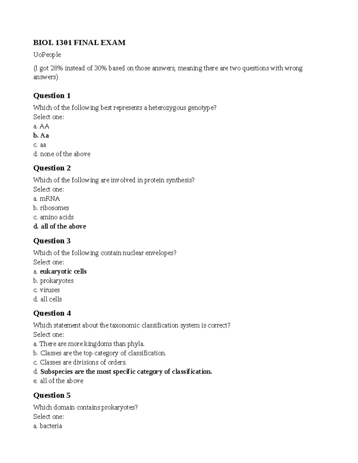 Final Exam Answers for BIOL 1301 - Spring 2019 Study Guide - Studocu