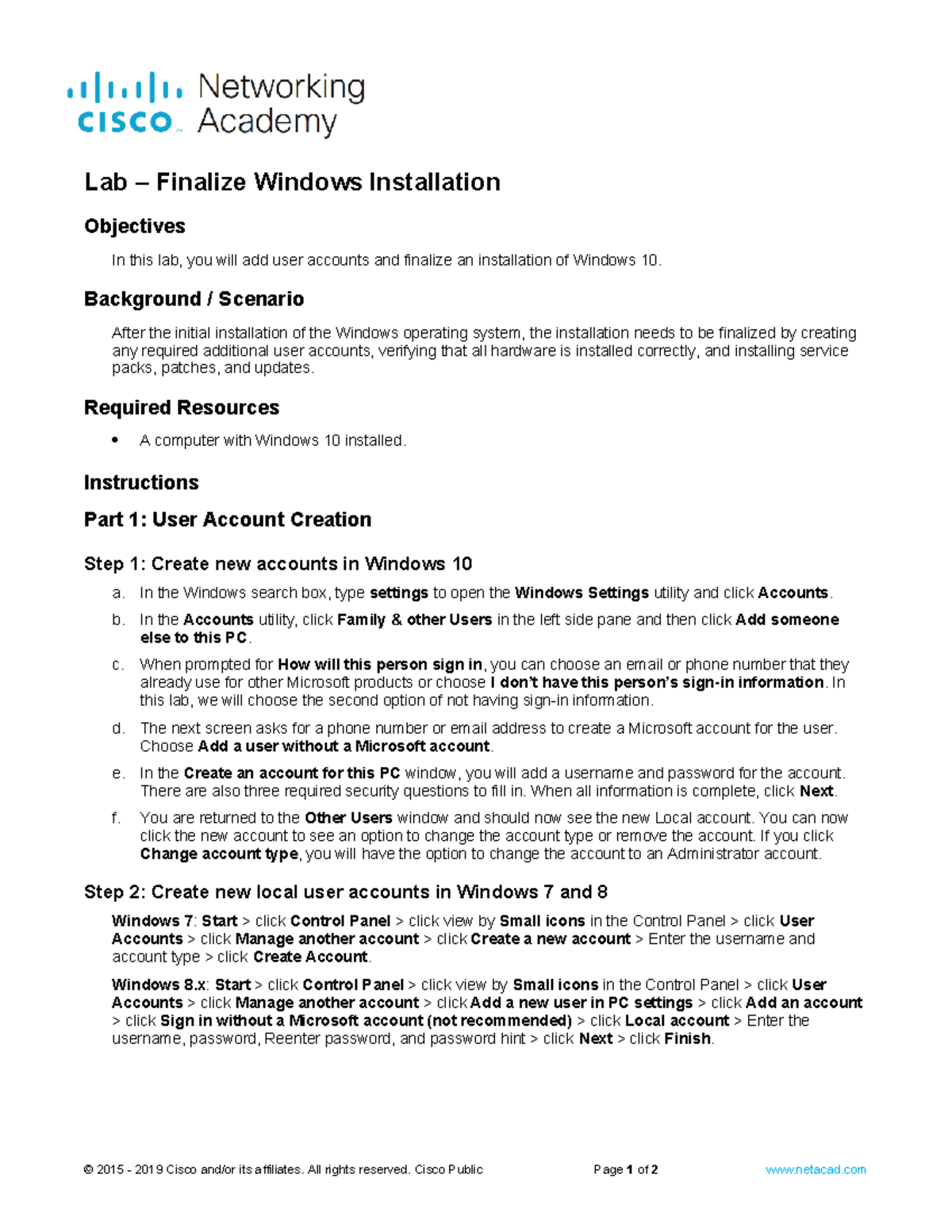 10.3.1.4 Lab - Finalizing Windows 10 Installation & User Accounts - Studocu
