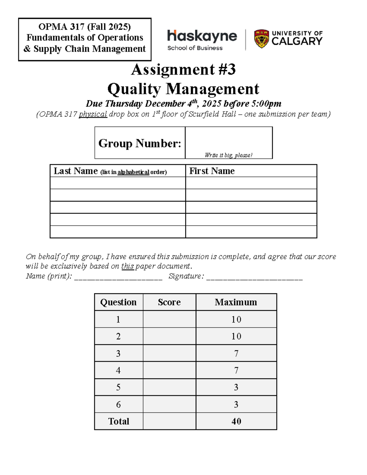 OPMA317 F25 A3 Submission Cover Page - Assignment # 3 Quality ...