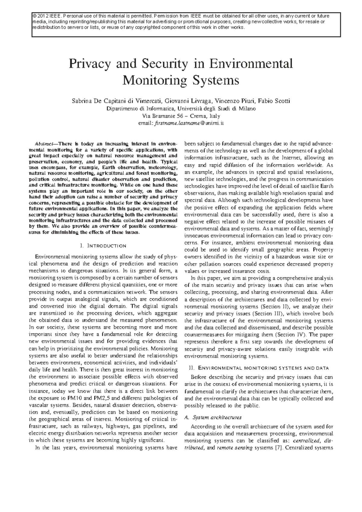 Privacy and Security Issues in Environmental Monitoring Systems (Unit5 ...