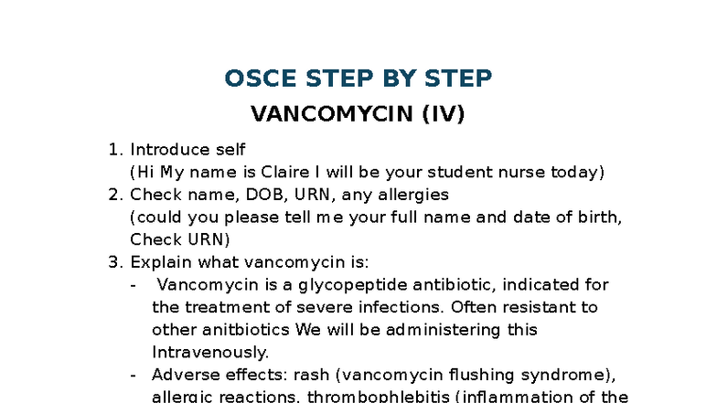 OSCE STEP: Administering IV Vancomycin - Procedure Guide - Studocu