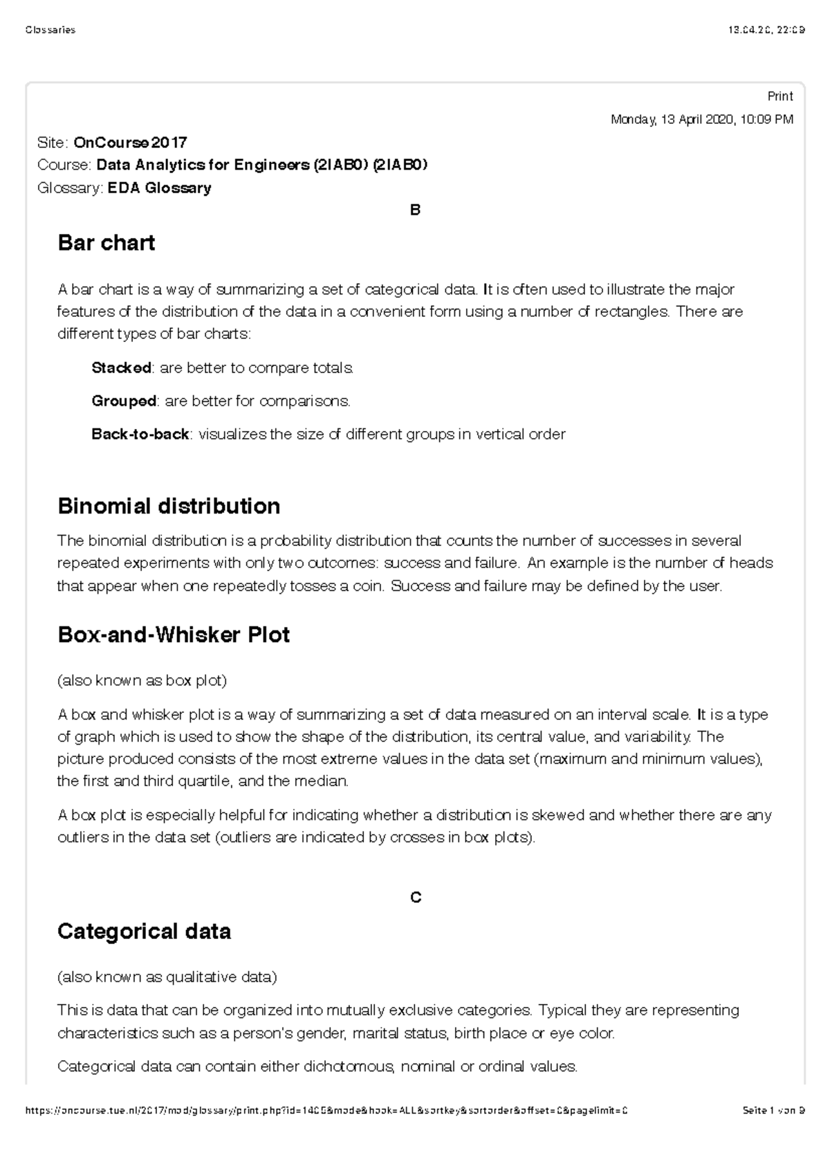 EDA Glossary Summary for Data Analytics (2IAB0) - Studeersnel