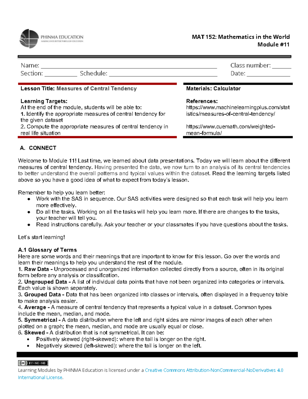 MAT 152: Measures of Central Tendency - Module 11 Study Notes - Studocu