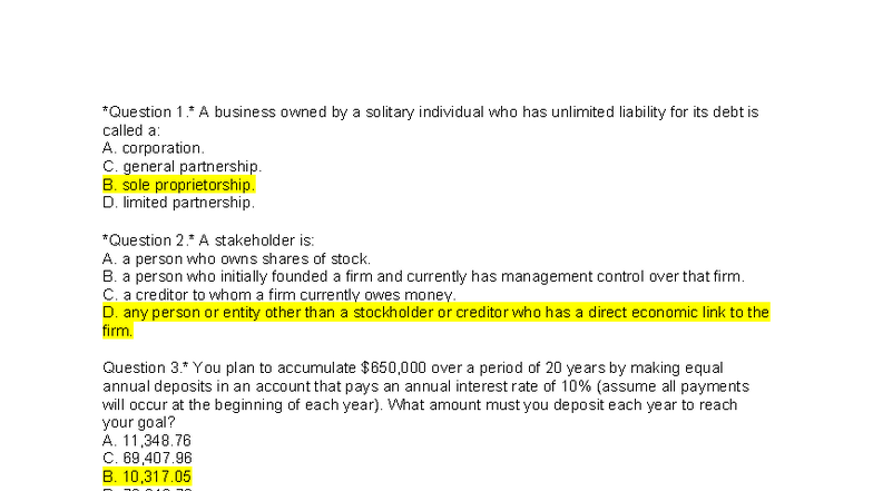 Finance Quiz Questions and Answers for Course FIN101 - Studocu