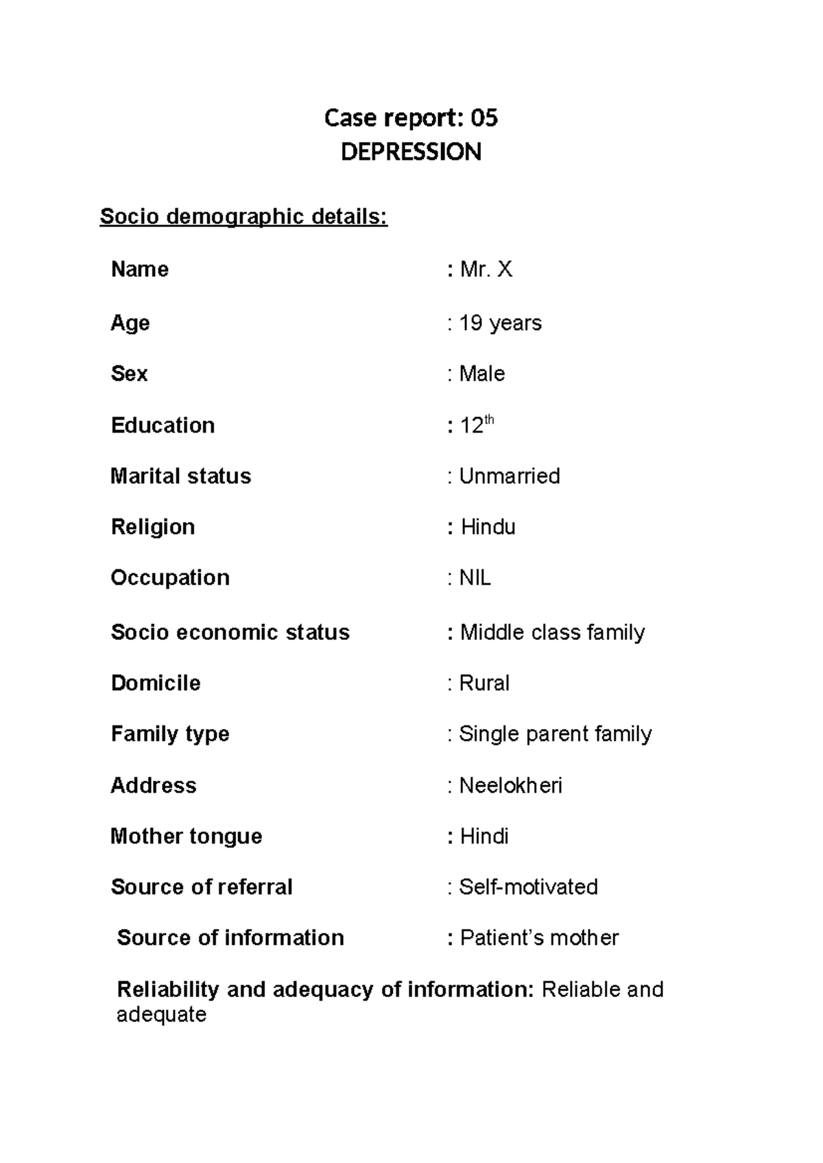 Depression Case Study - Assessment and Treatment of Mr. Y, 19 - Studocu