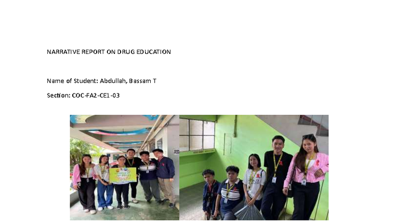 NARRATIVE REPORT ON DRUG EDUCATION - Abdullah, Bassam T - Studocu