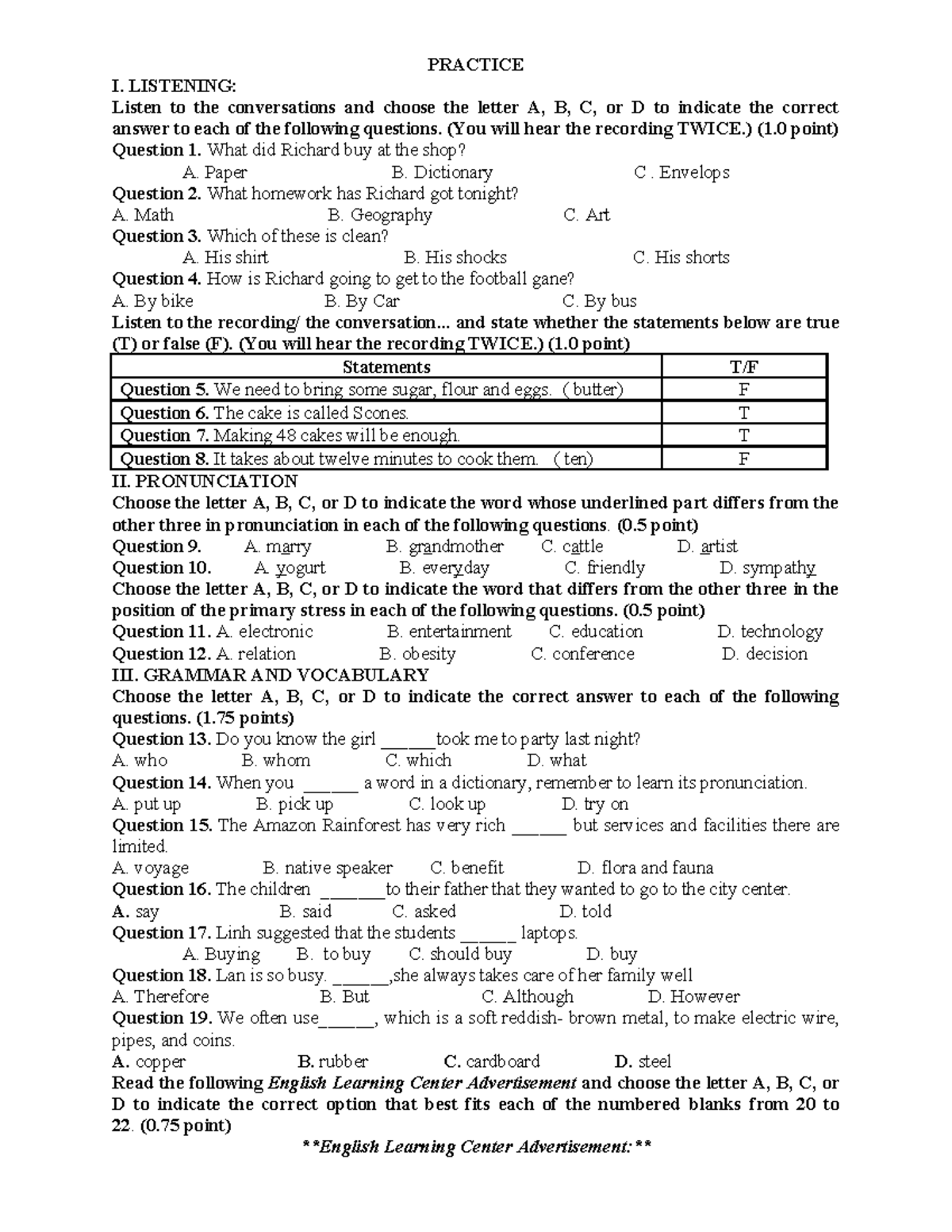 G9 - HK2 - 4 - Listening & Grammar Practice for English Exam - Studocu