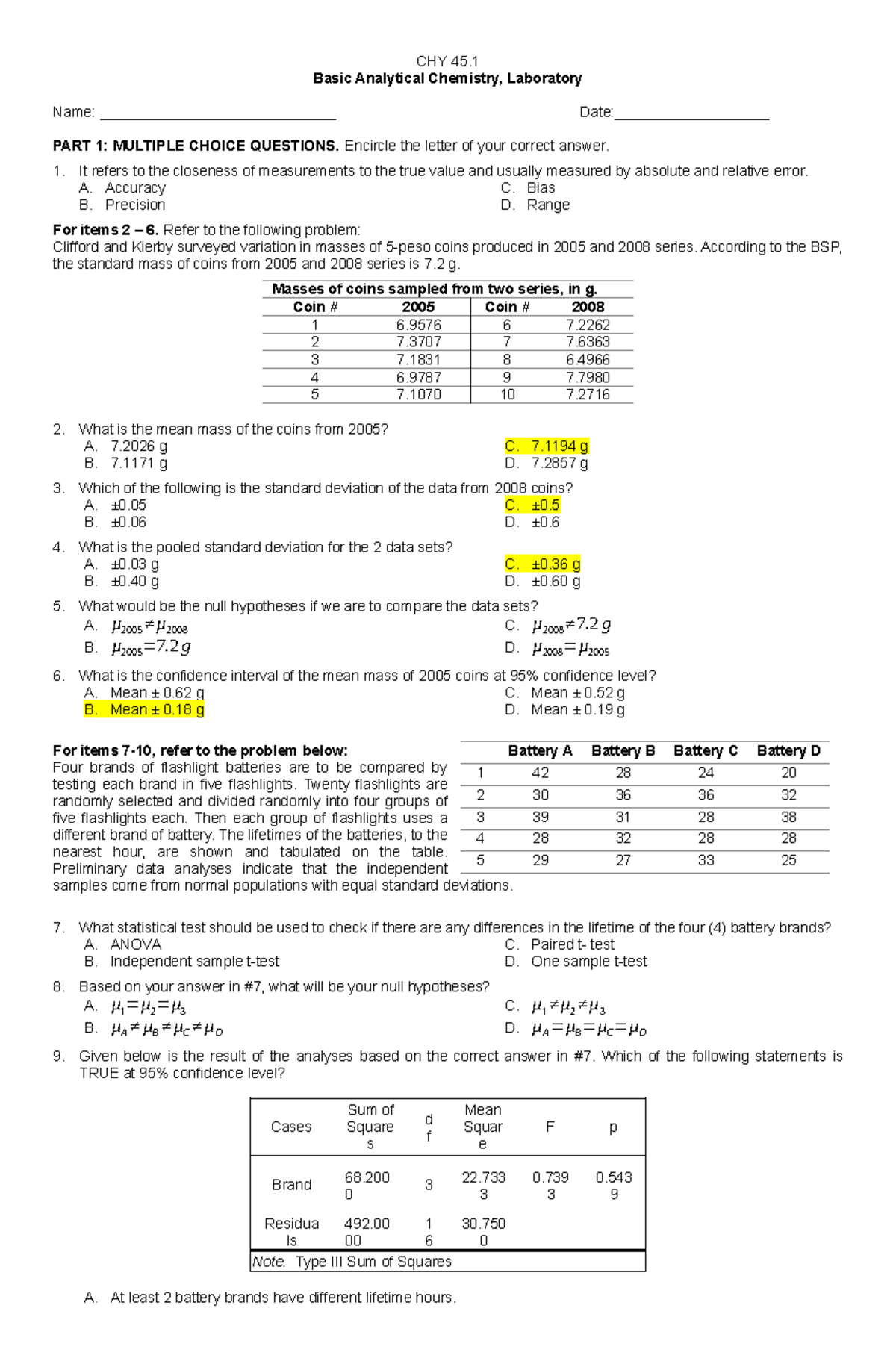 CHY 45.1 Quiz 2: Basic Analytical Chemistry Lab MCQs - Studocu