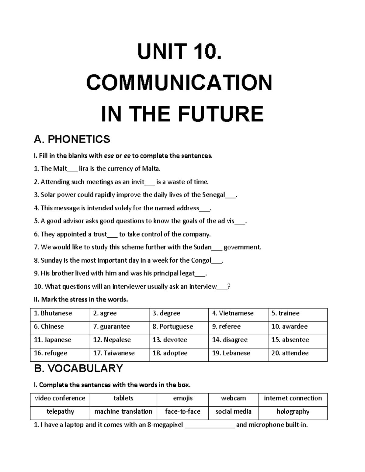 Unit 10: Communication in the Future - Phonetics & Vocabulary Exercises ...