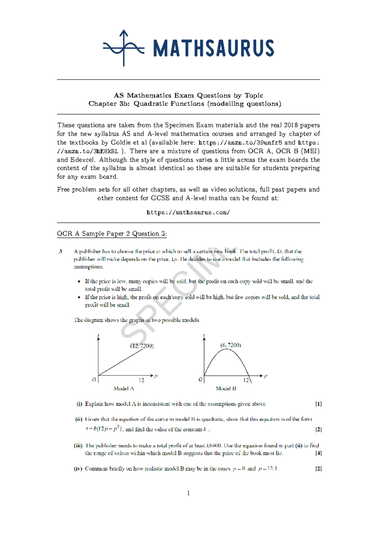 AS Mathematics Chapter 3b: Quadratic Functions Modelling Questions ...