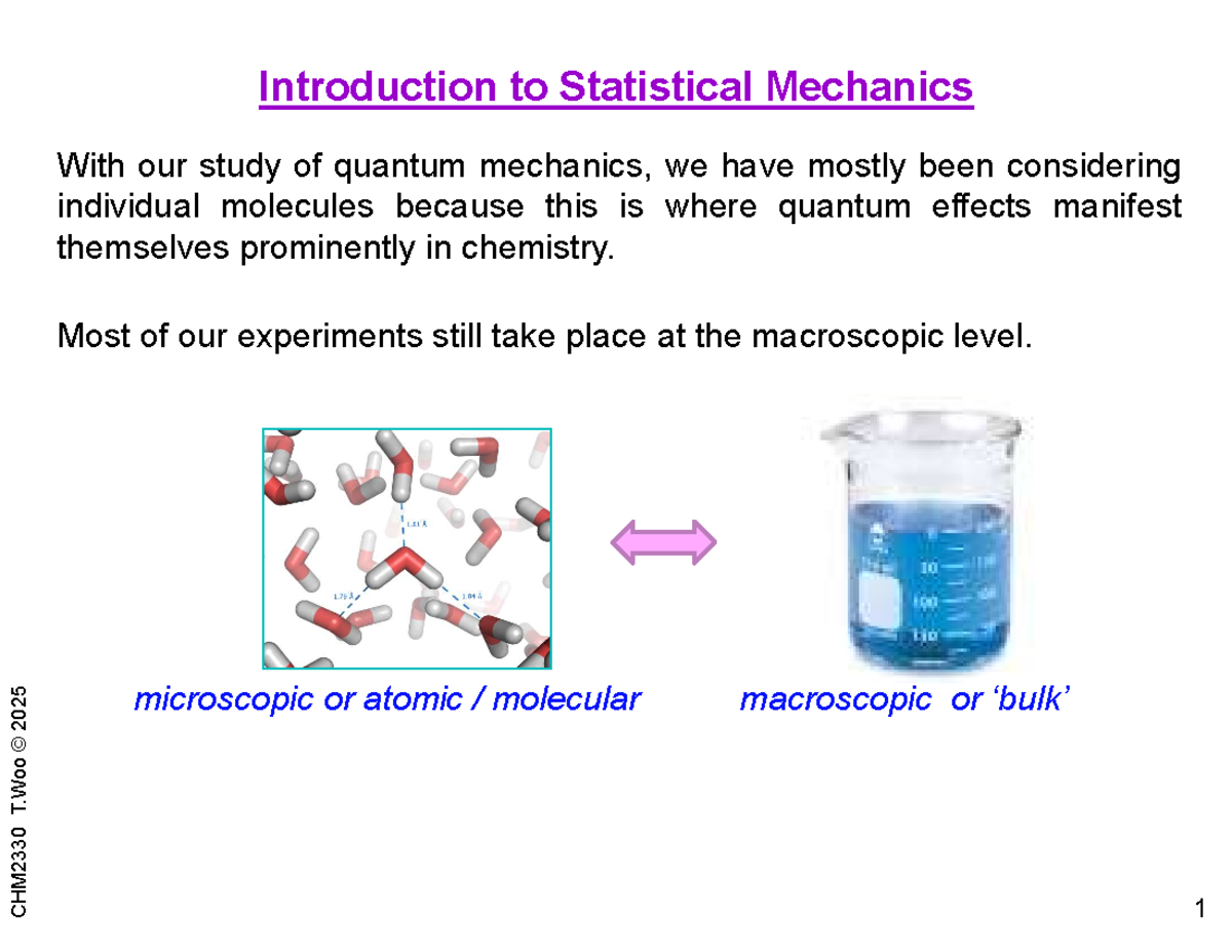 Statistical Mechanics Overview: CHM2330 T. Woo 2025 Lecture Notes - Studocu