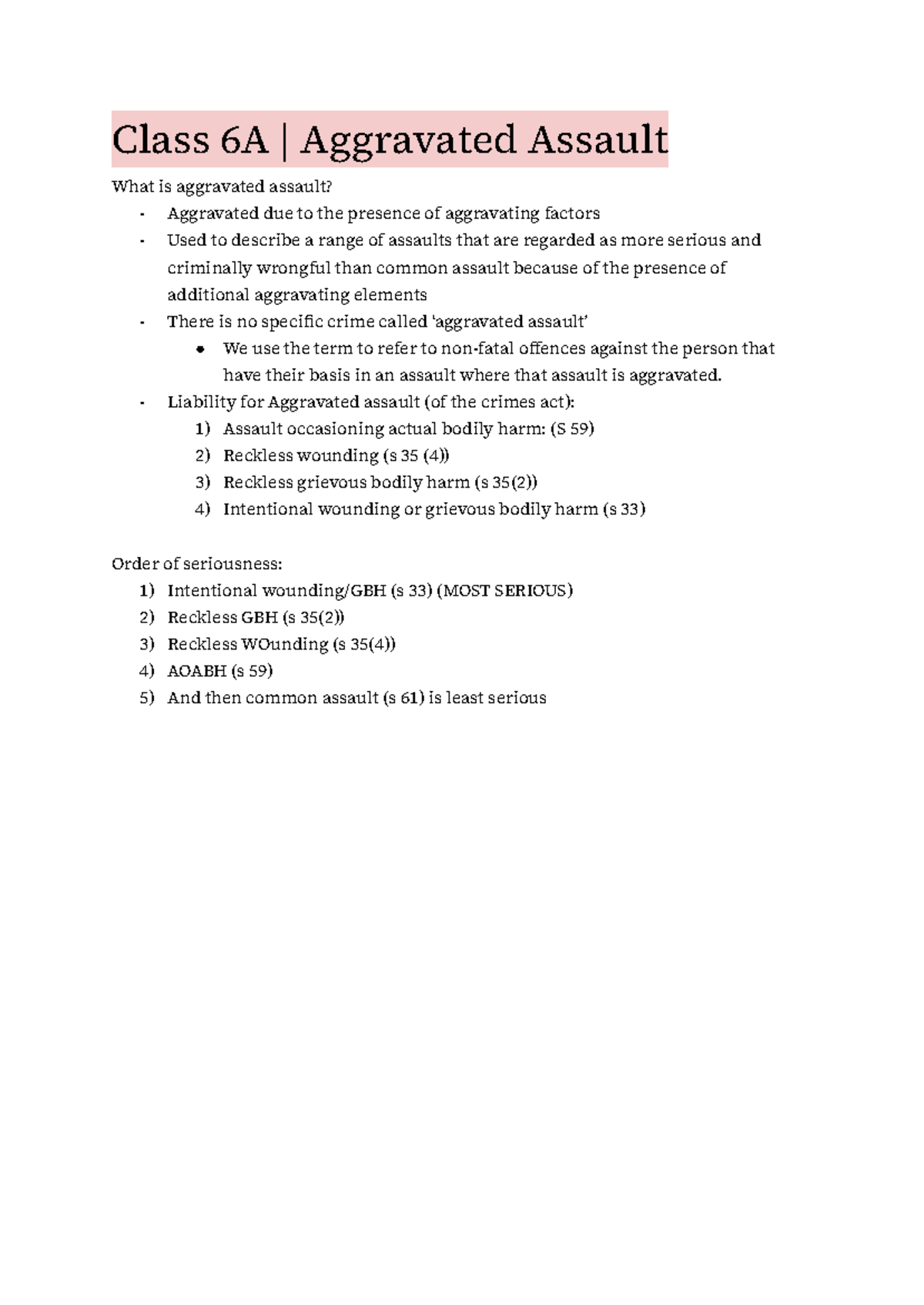 Class 6A Final Exam Notes on Aggravated Assault and Liability - Studocu