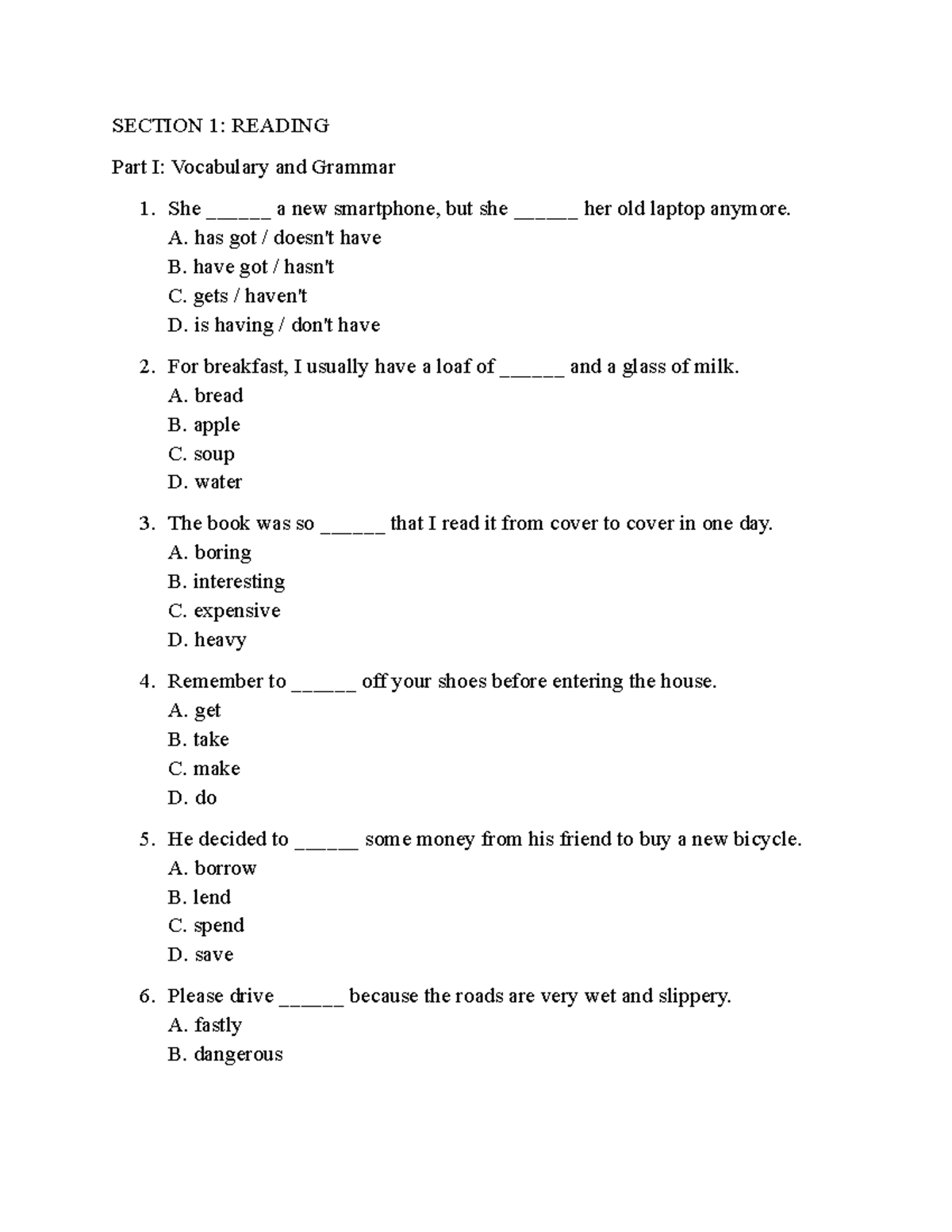 ENG 101: Vocabulary and Grammar Practice - Section 1 Reading & Writing ...