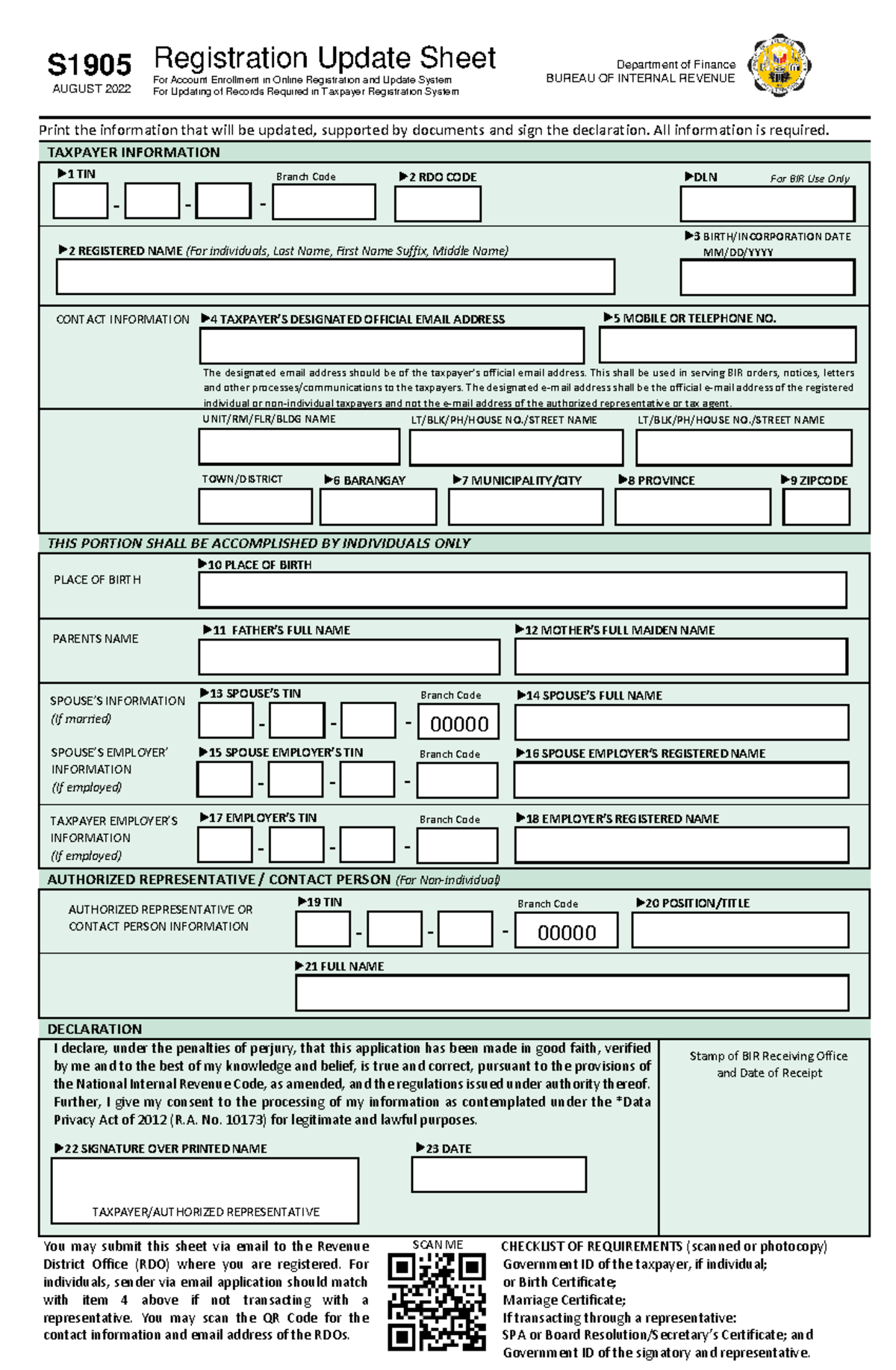 S1905 Registration Update Sheet for Taxpayer Info - Aug 2022 - Studocu