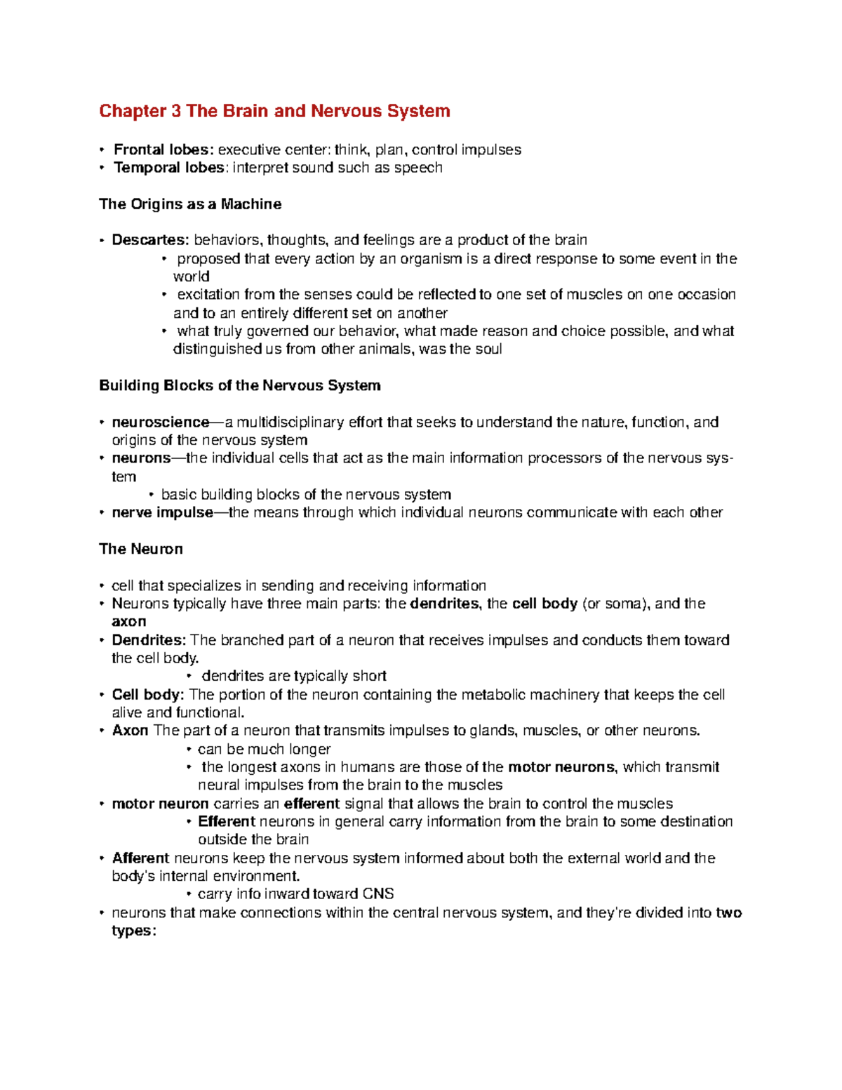 Chapter 3: Brain and Nervous System Notes for Prof. Berg (11A) - Studocu