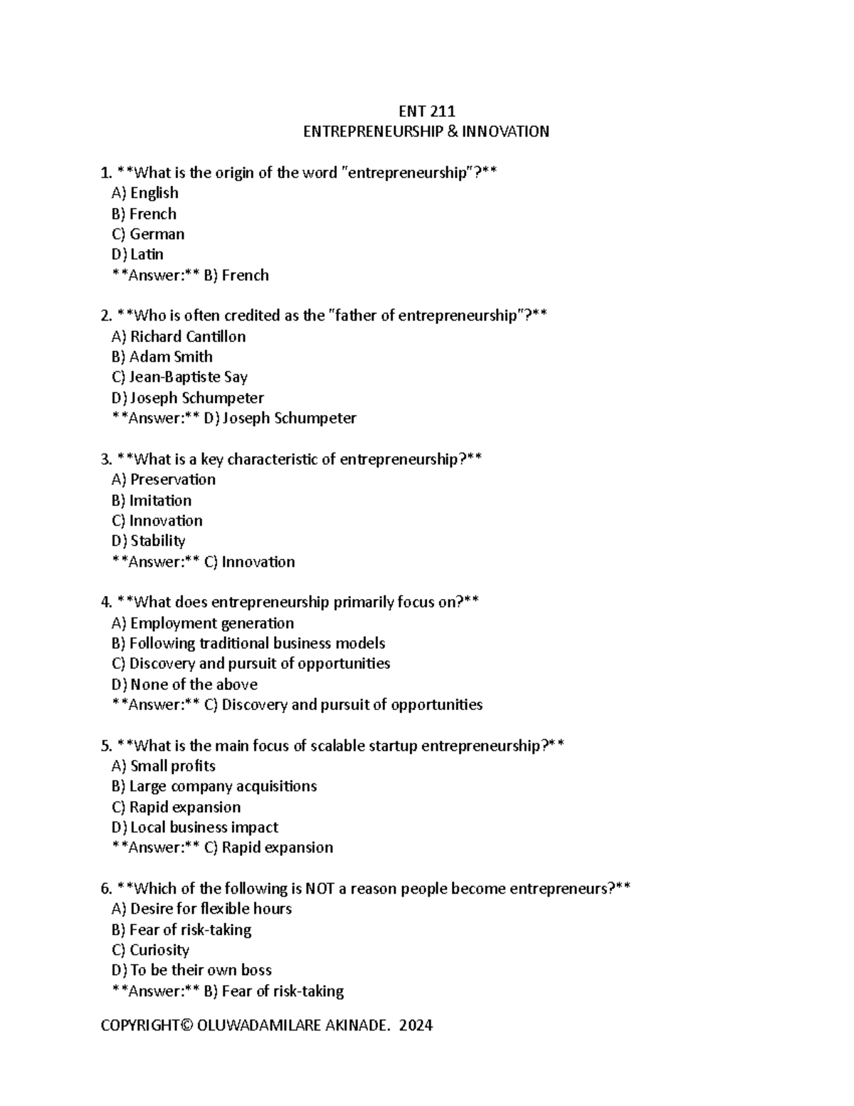 ENT 211 Past Questions: Entrepreneurship Innovation 1 (2024) - Studocu