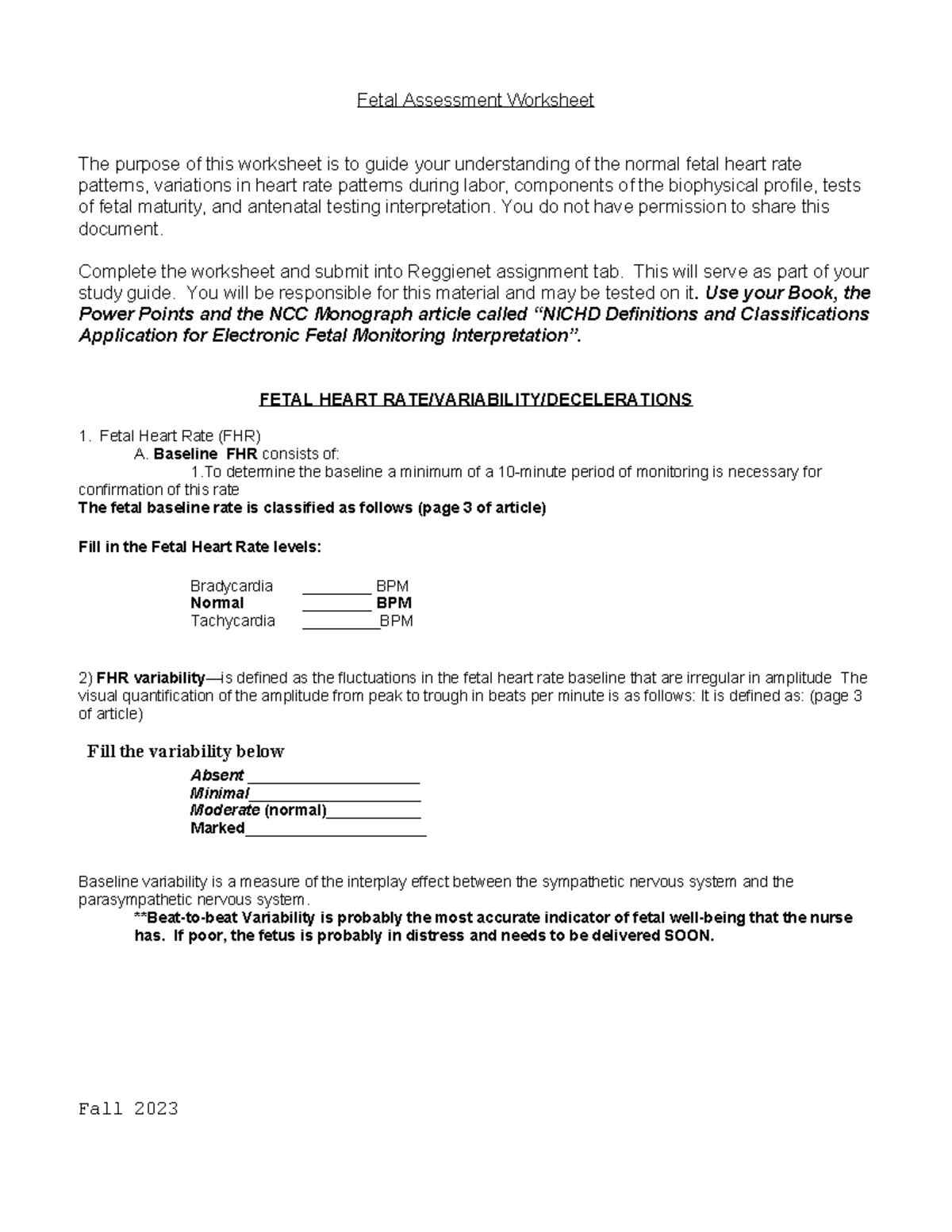 Fetal Assessment Worksheet - Heart Rate Patterns & Interpretation (Fall ...