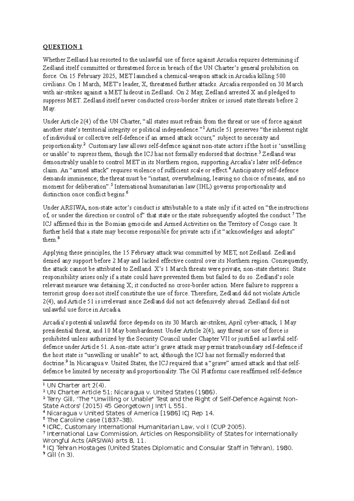 PIL Summative: Analyzing Zedland's Use of Force Against Arcadia - Studocu