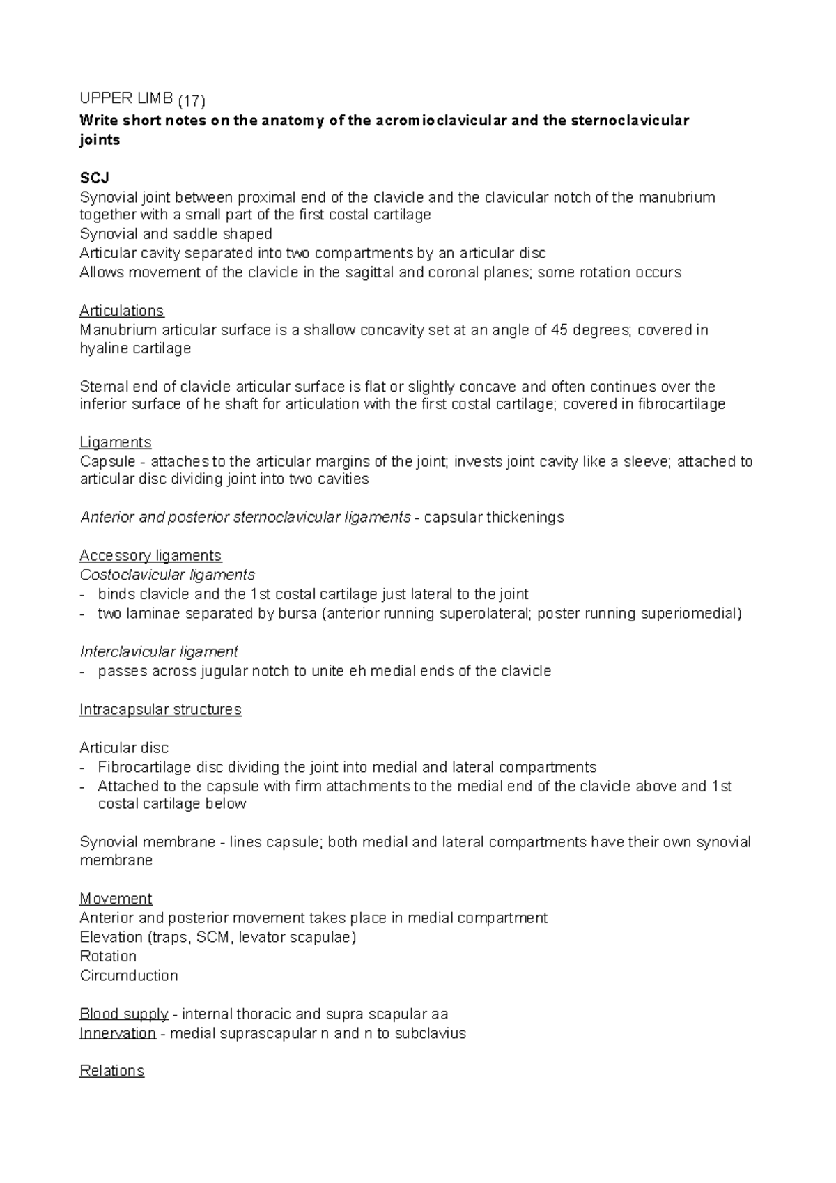 Upper Limb Anatomy Notes (ANAT 17): Joints, Muscles, and Vessels - Studocu