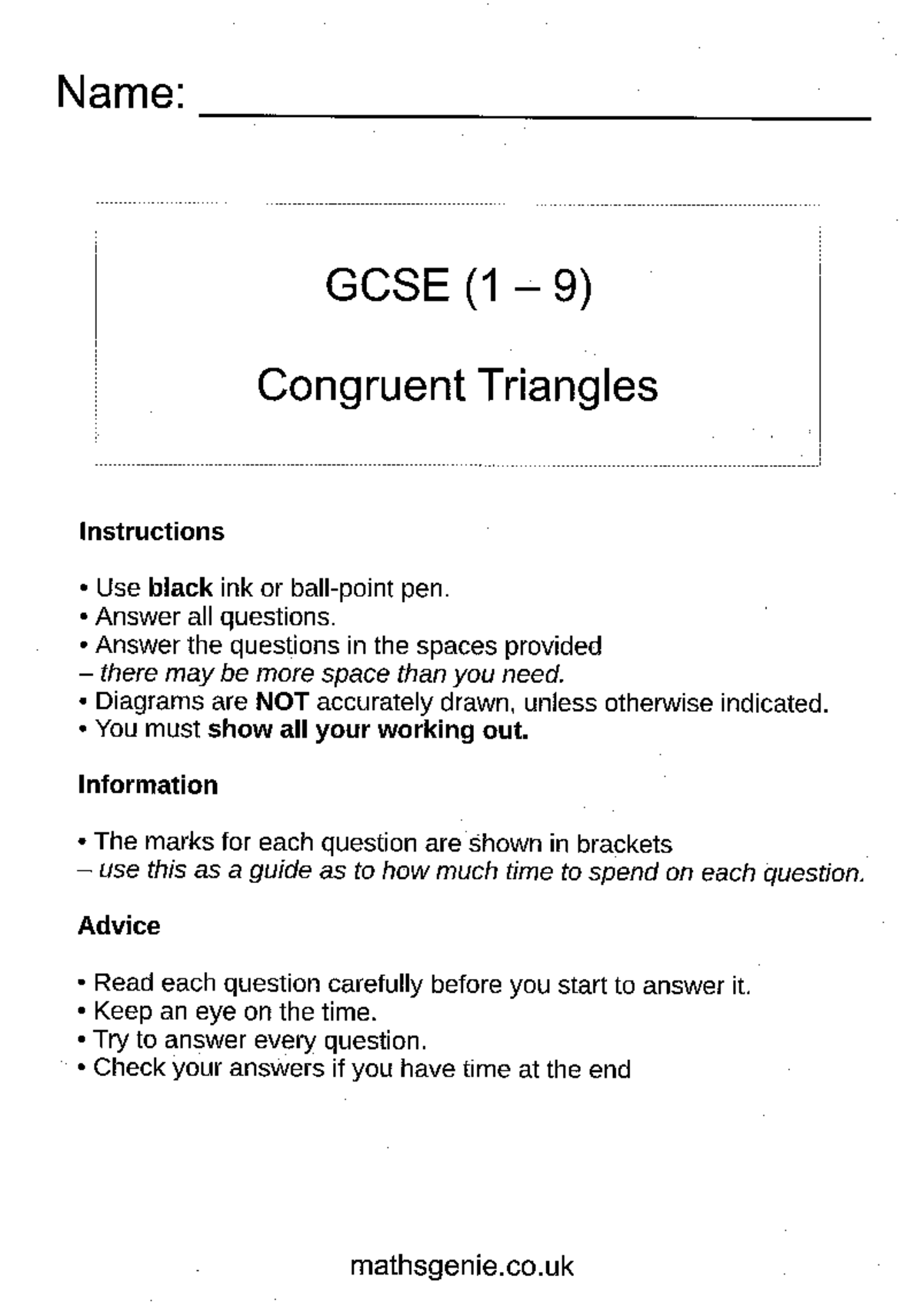 GCSE (1 9) Congruent Triangles Exam Instructions and Solutions - Studocu