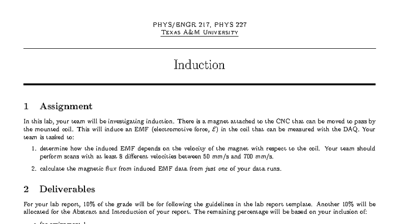 ENGR 217 Lab 6: Induction Assignment on EMF and Magnetic Flux - Studocu