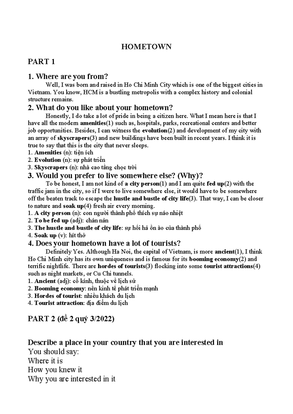 Hometown Reflections - Speaking Notes for ESL Class - Studocu