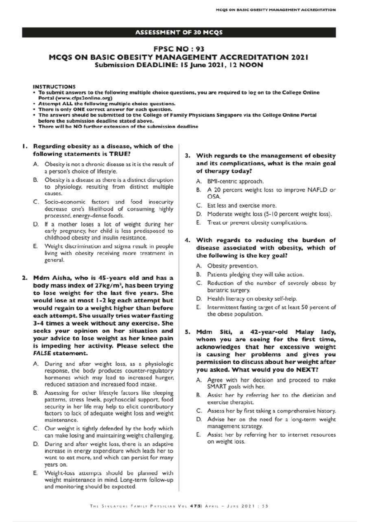 FPSC 93 MCQs on Basic Obesity Management - Accreditation Assessment - Studocu