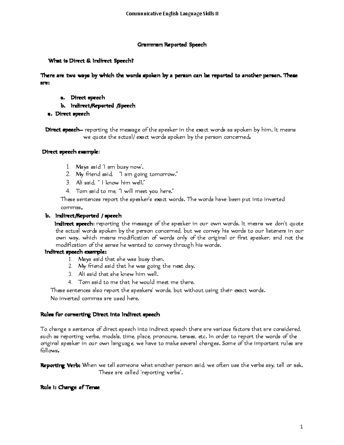 Revised Grammar Notes: Understanding Reported Speech Techniques - Studocu