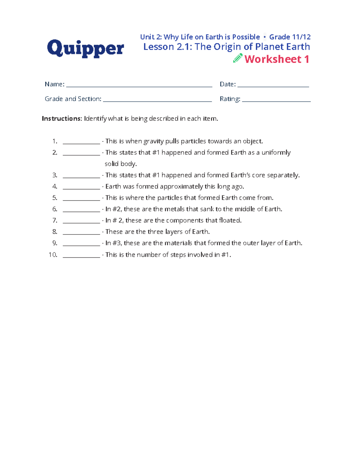 Earth and Life Science SHS 2.1 Lesson 2.1 Worksheet: Origins of Earth ...