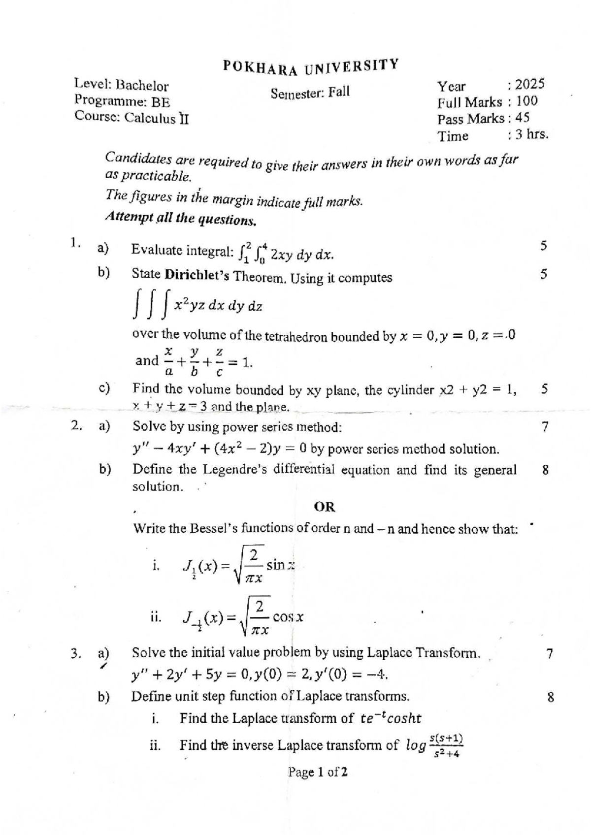 Calculus II (BE) Fall 2025 Exam Paper - Studocu
