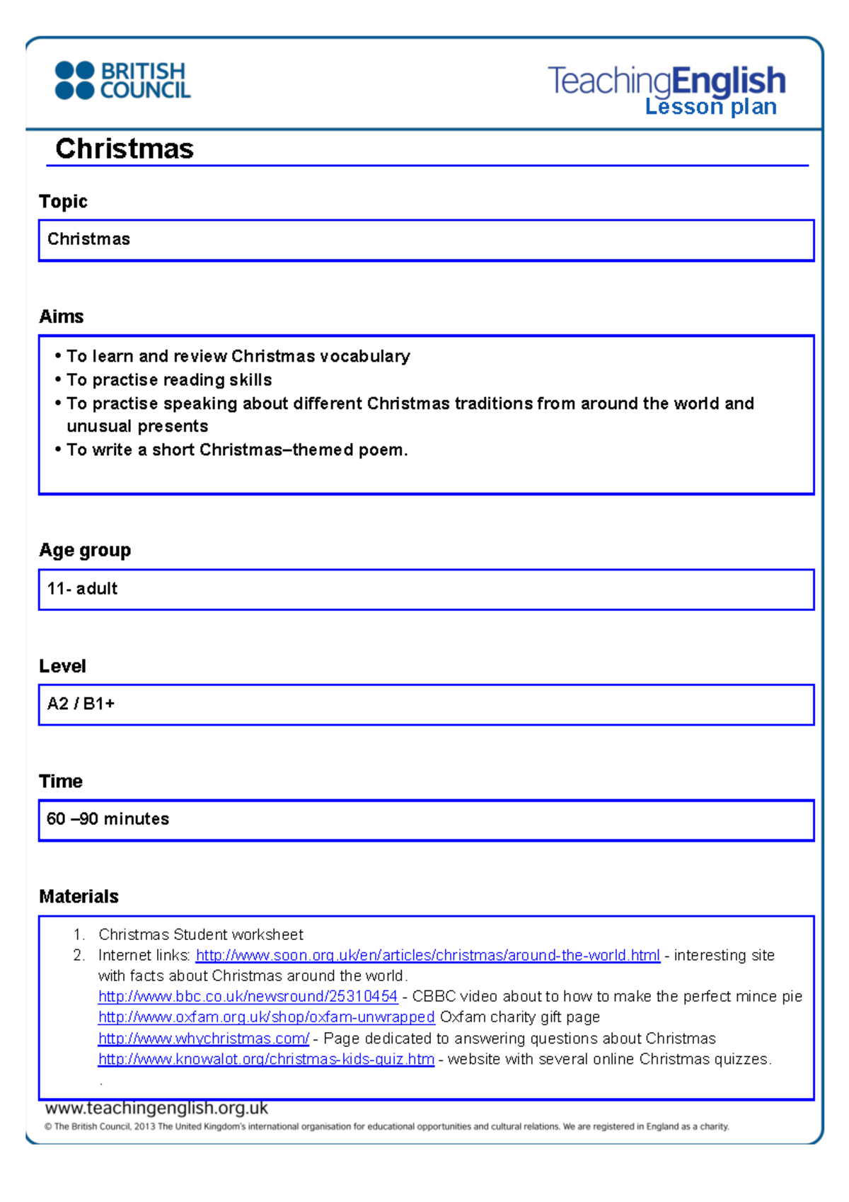 Christmas lesson plan - Plan - Lesson plan Christmas Topic Christmas ...