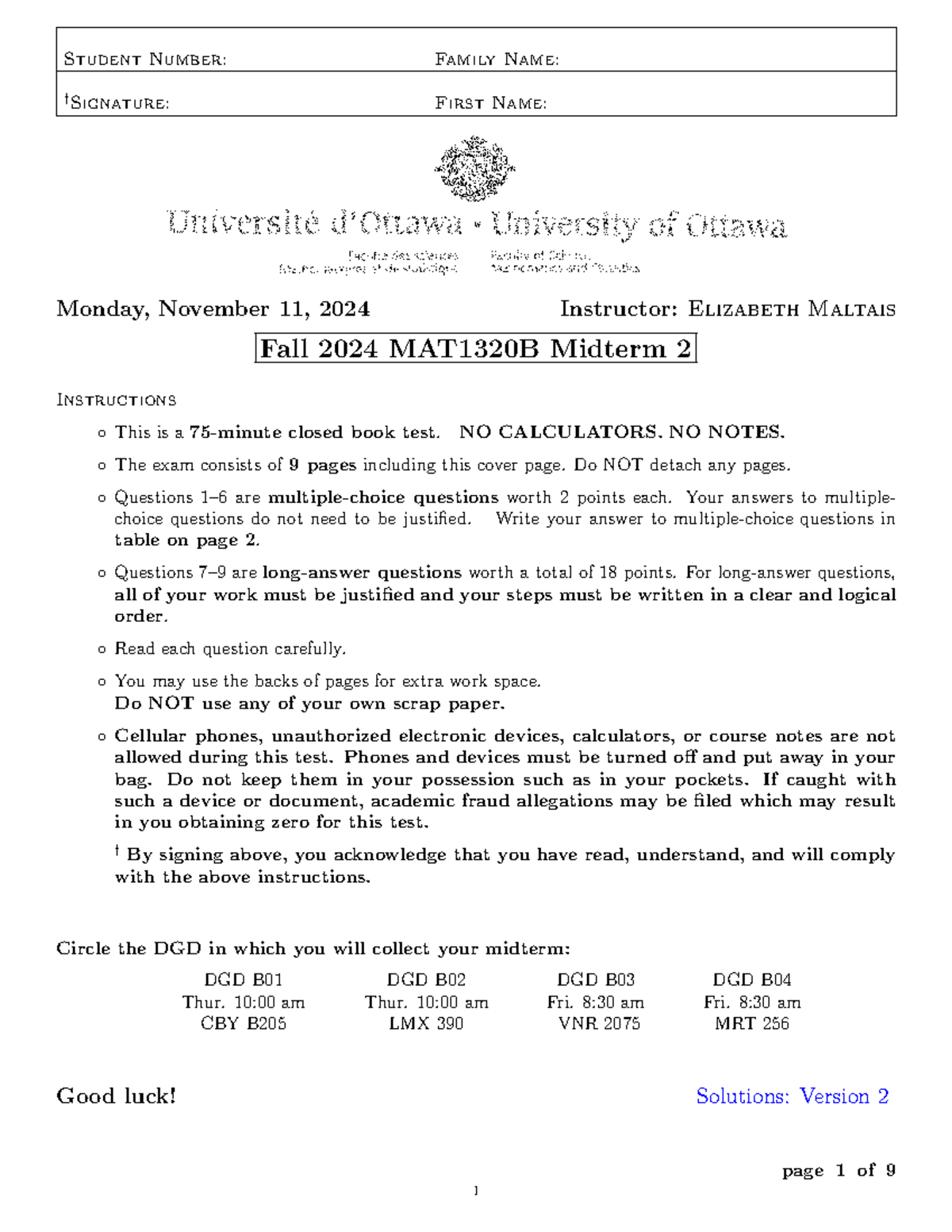 MAT1320B Fall 2024 Midterm 2 Exam Instructions and Solutions - Studocu