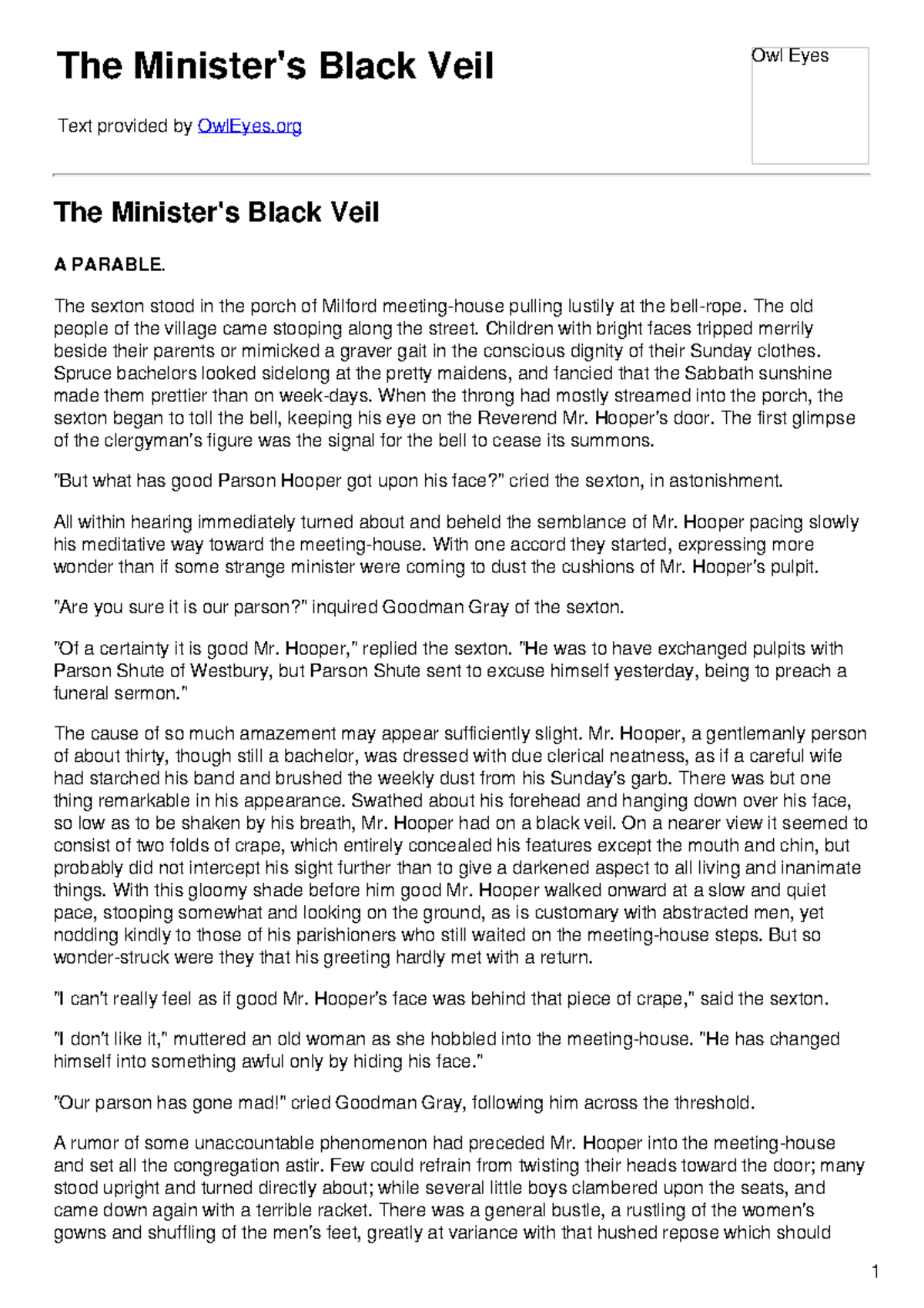 ENG 101: The Black Veil - A Parable Analysis and Discussion - Studocu