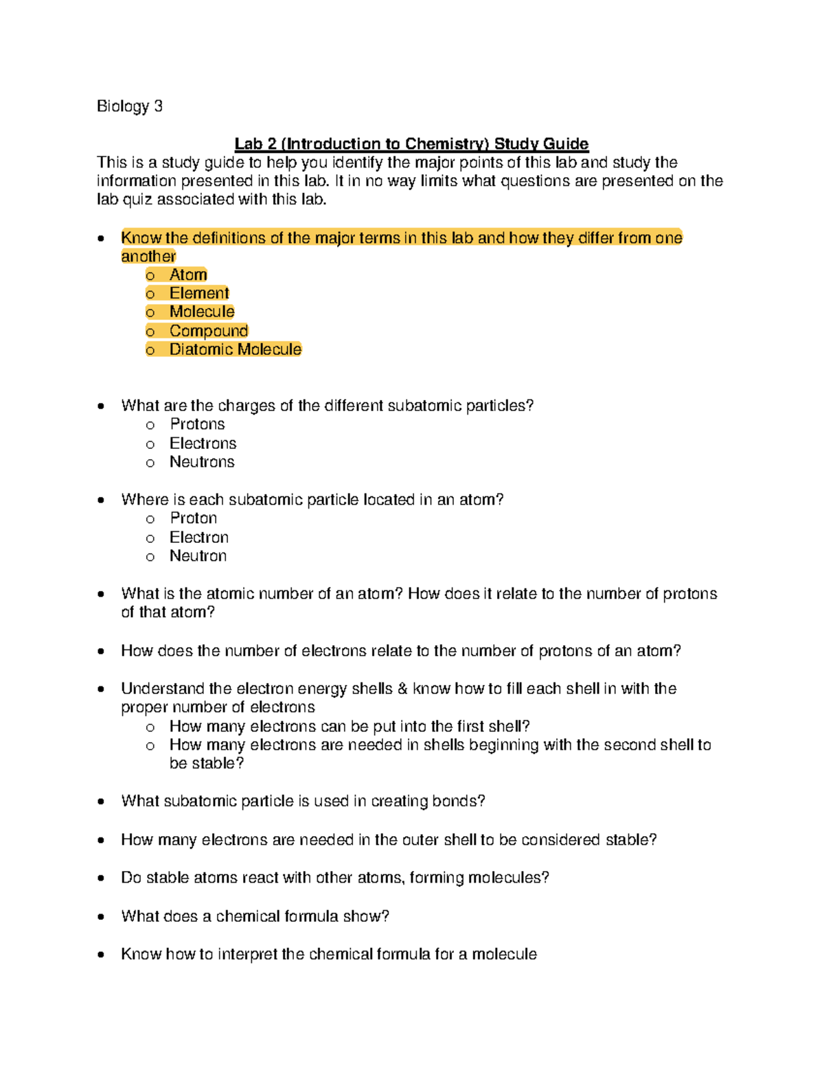 Biology 3 Lab 2 Study Guide: Intro to Chemistry Concepts - Studocu