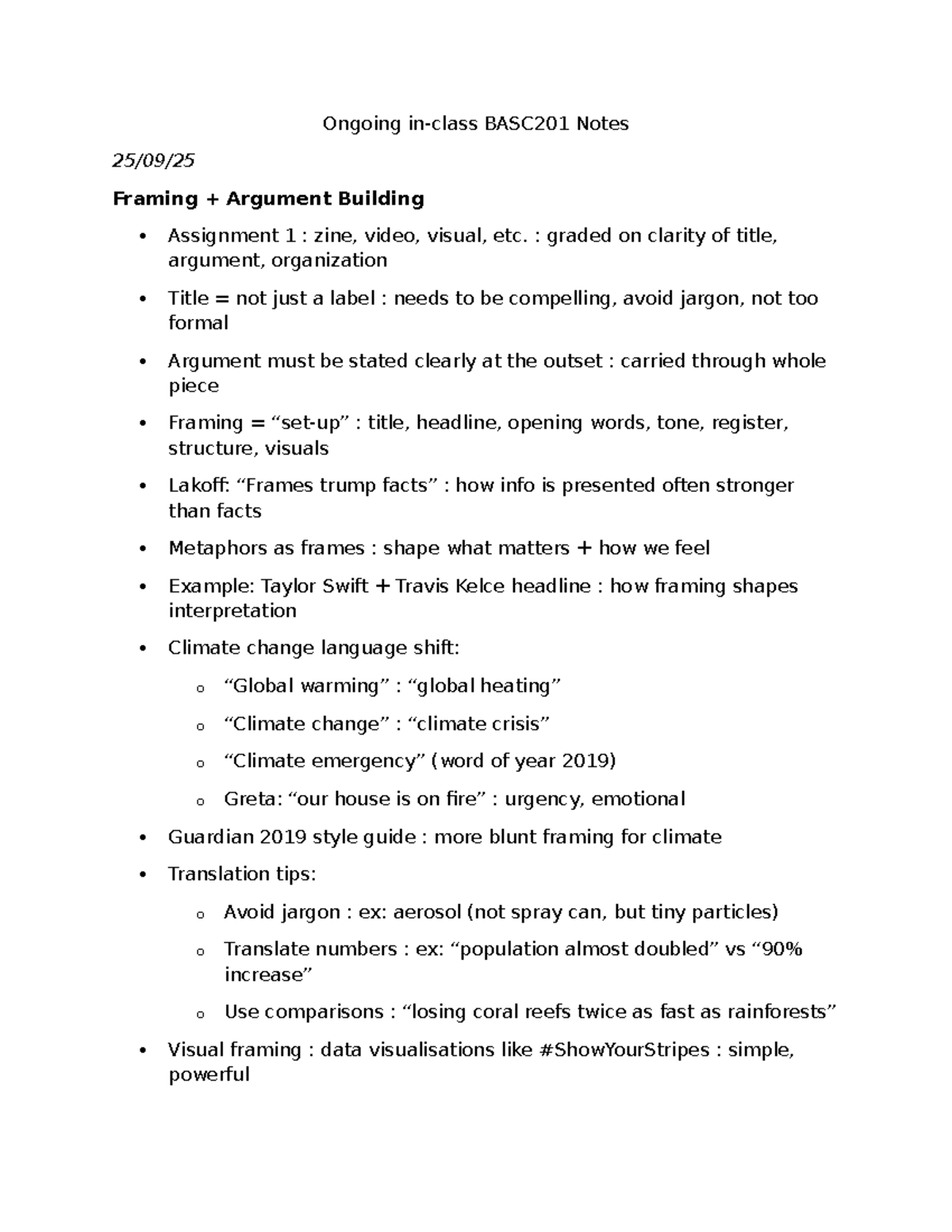 BASC201 Notes: Framing Arguments for Assignment 1 - Studocu