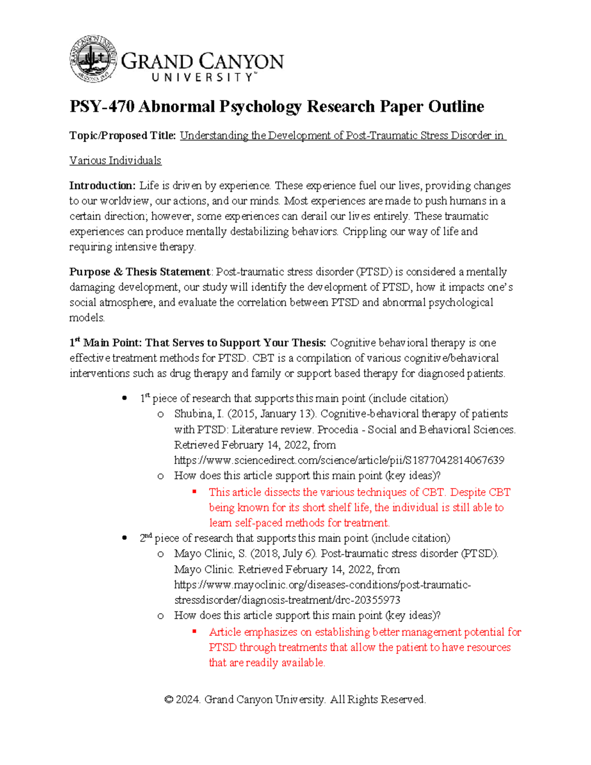 PSY-470 Final Research Paper Outline: PTSD Development Insights - Studocu