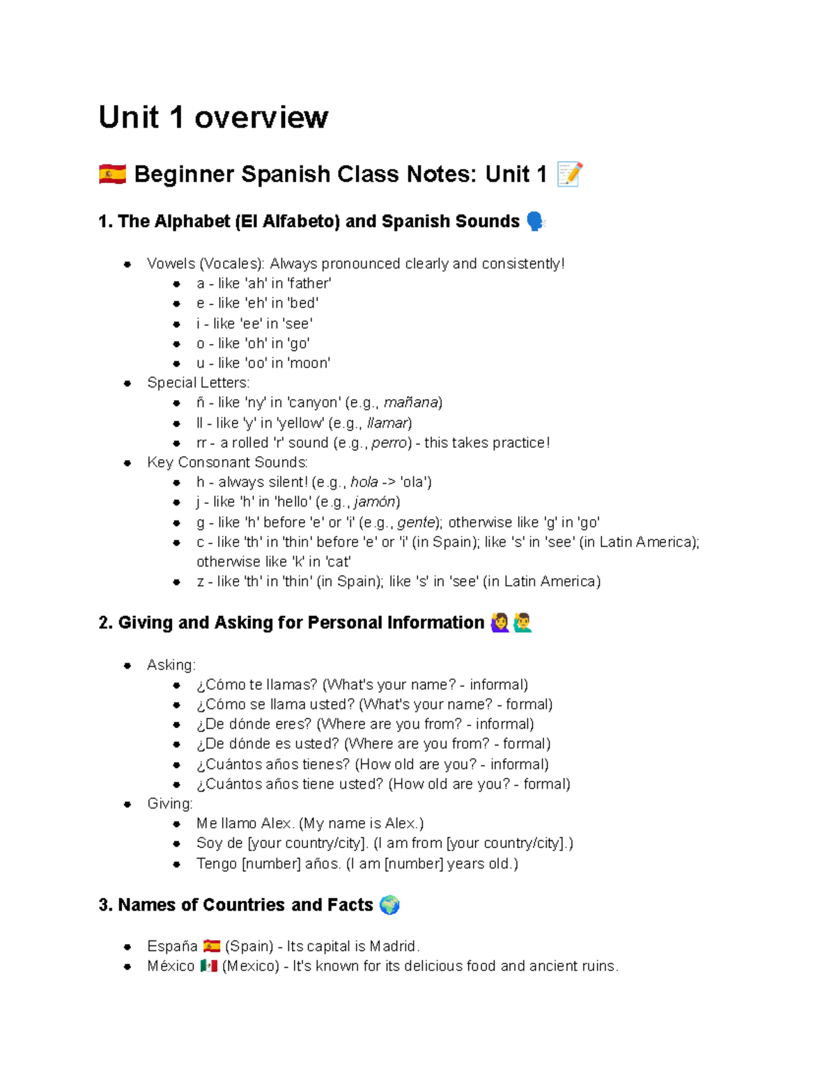 Beginner Spanish Class Notes: Unit 1 Overview and Summary - Studocu