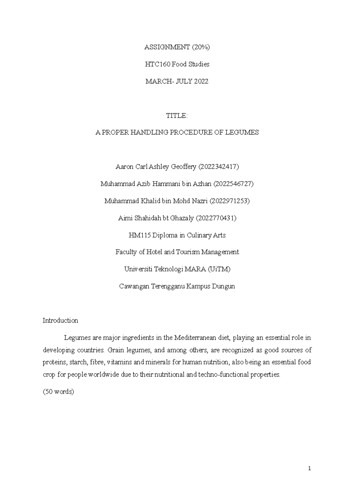 Group Assignment HTC160- Legumes - ASSIGNMENT (20%) HTC160 Food Studies ...