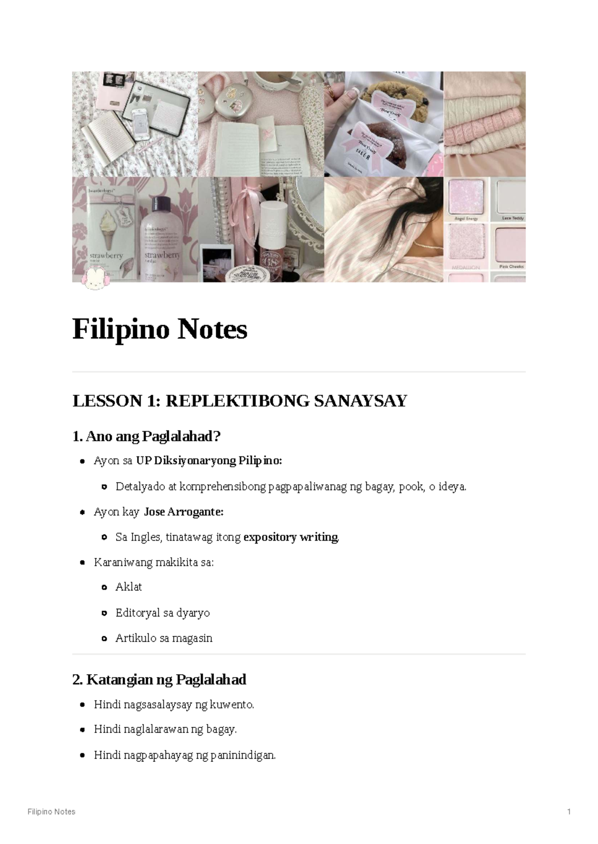 Filipino Notes: Lesson 1 - Replektibong Sanaysay at Talumpati - Studocu