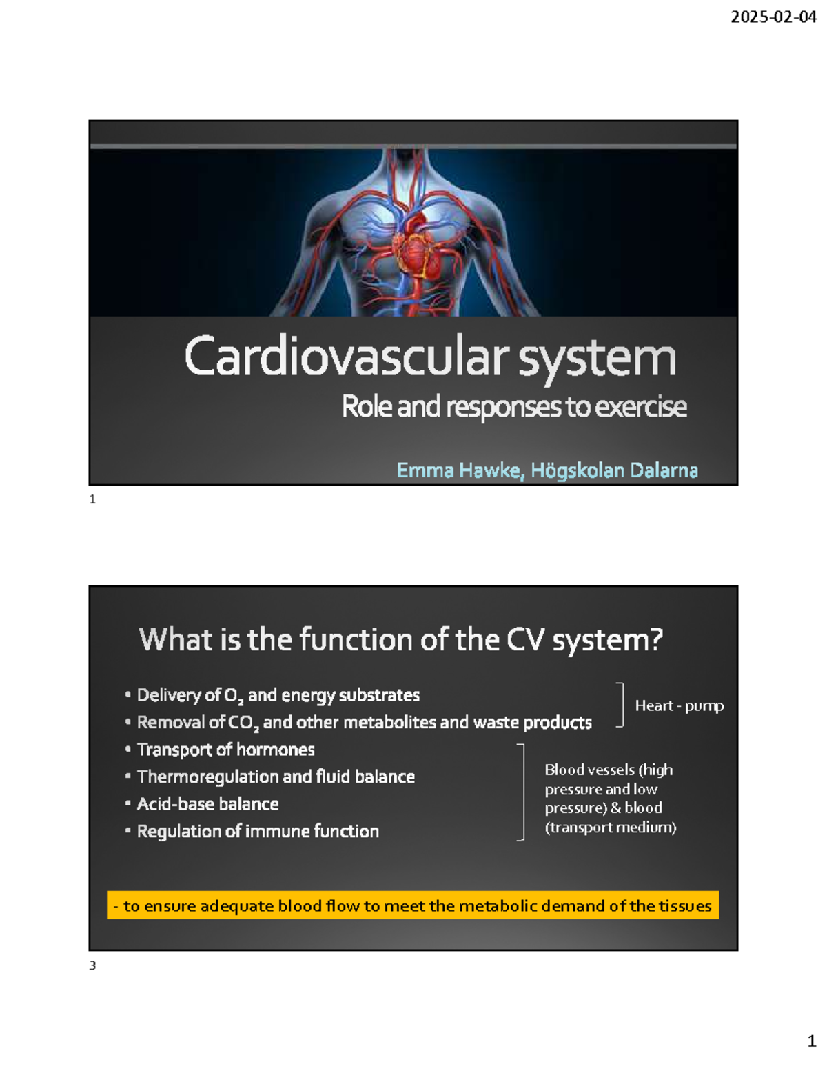 Cardiovascular System Overview EHW2020: Functions & Adaptations - Heart ...