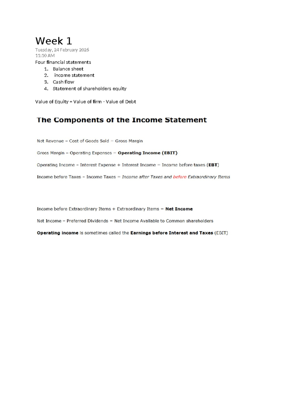 Lecture Notes: Financial Statements & Valuation Techniques (Week 1-3 ...