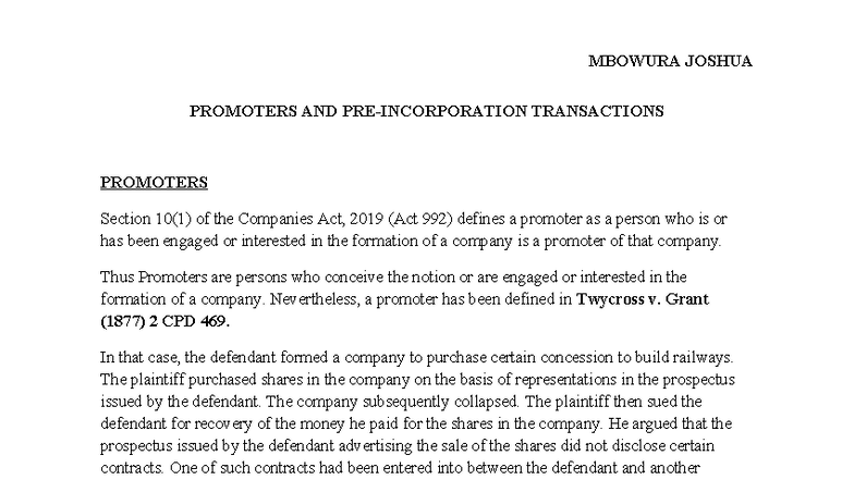 MBOWURA JOSHUA PROMOTERS AND PRE-INCORPORATION TRANSACTIONS - Studocu
