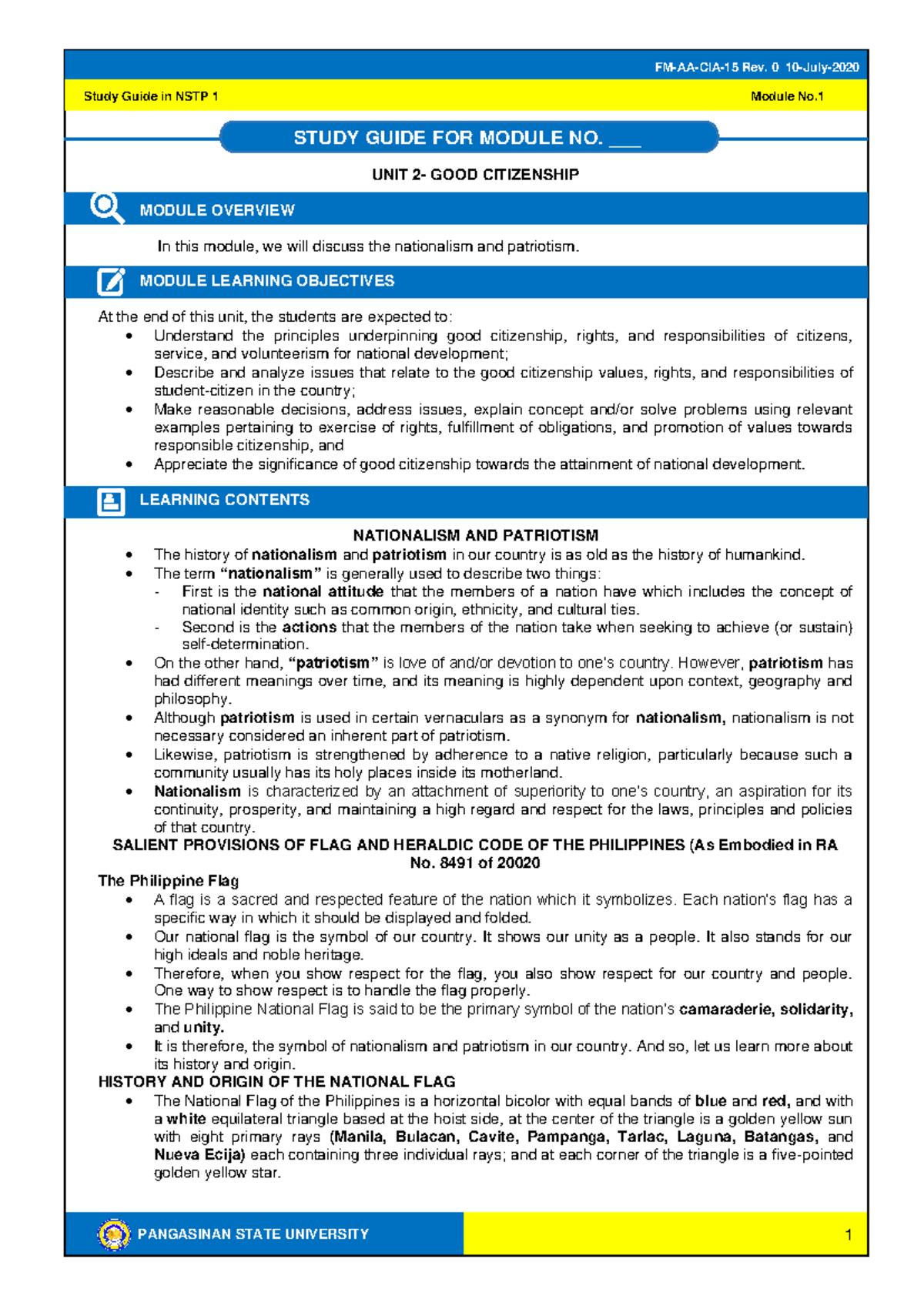 NSTP 1 Module 1 Study Guide: Nationalism & Patriotism Overview - Studocu