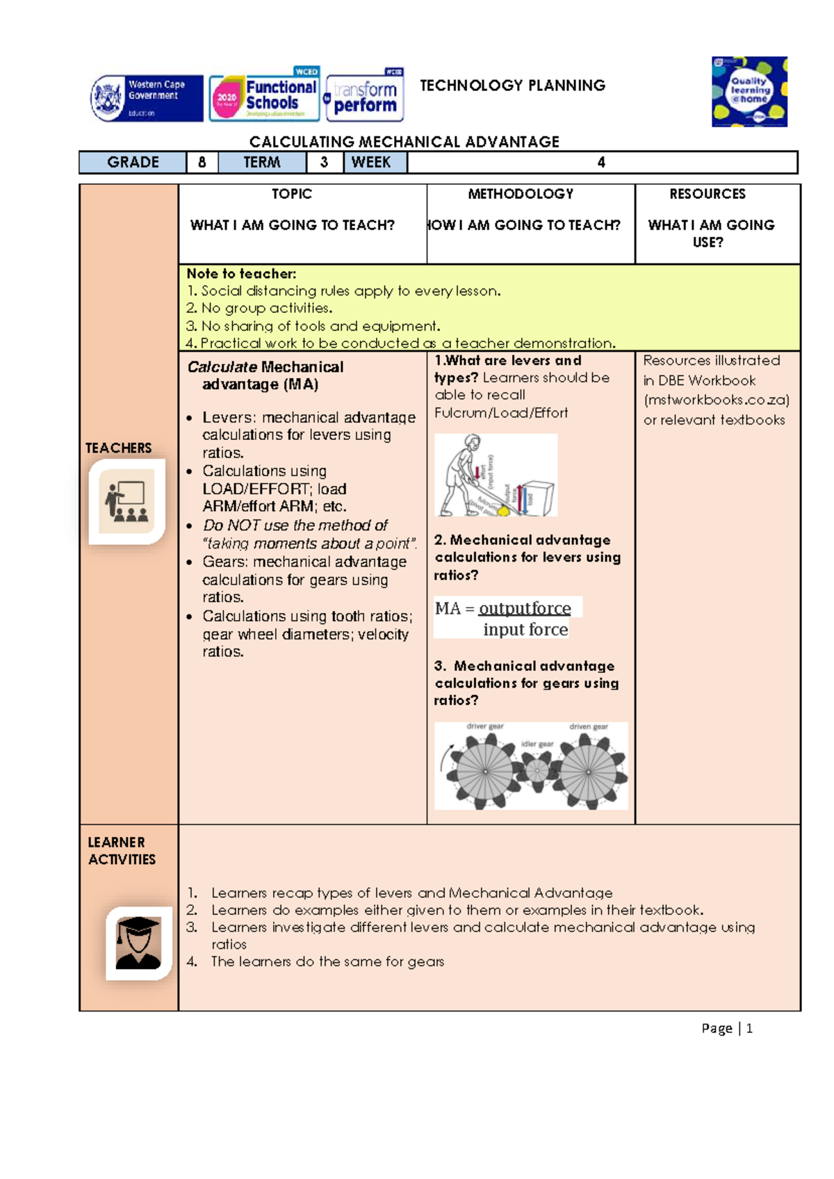 Grade 8 Technology Lesson Plan: Mechanical Advantage (Term 3, Week 4 ...