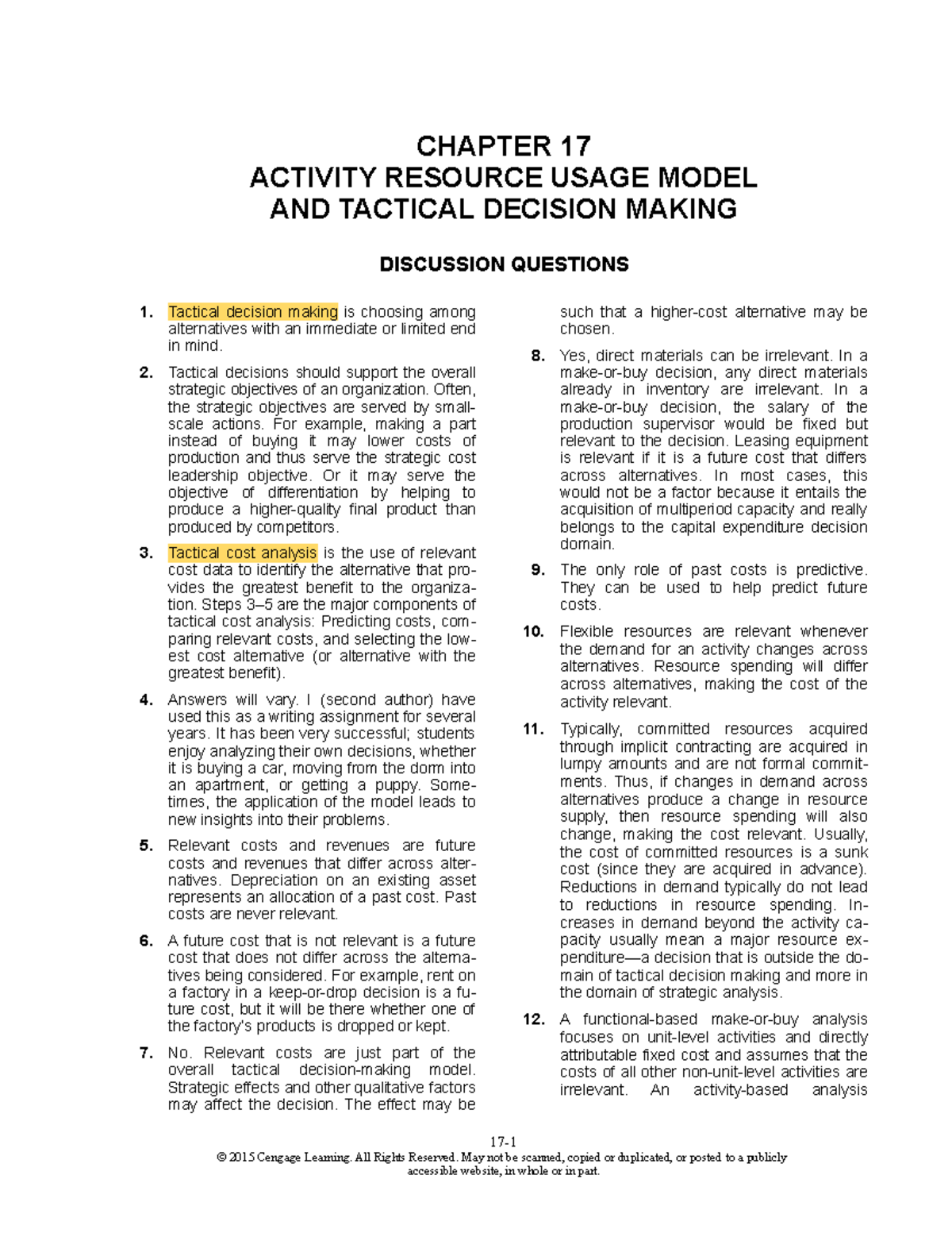 Activity Resource Usage Model & Tactical Decision Making (Chapter 17 ...