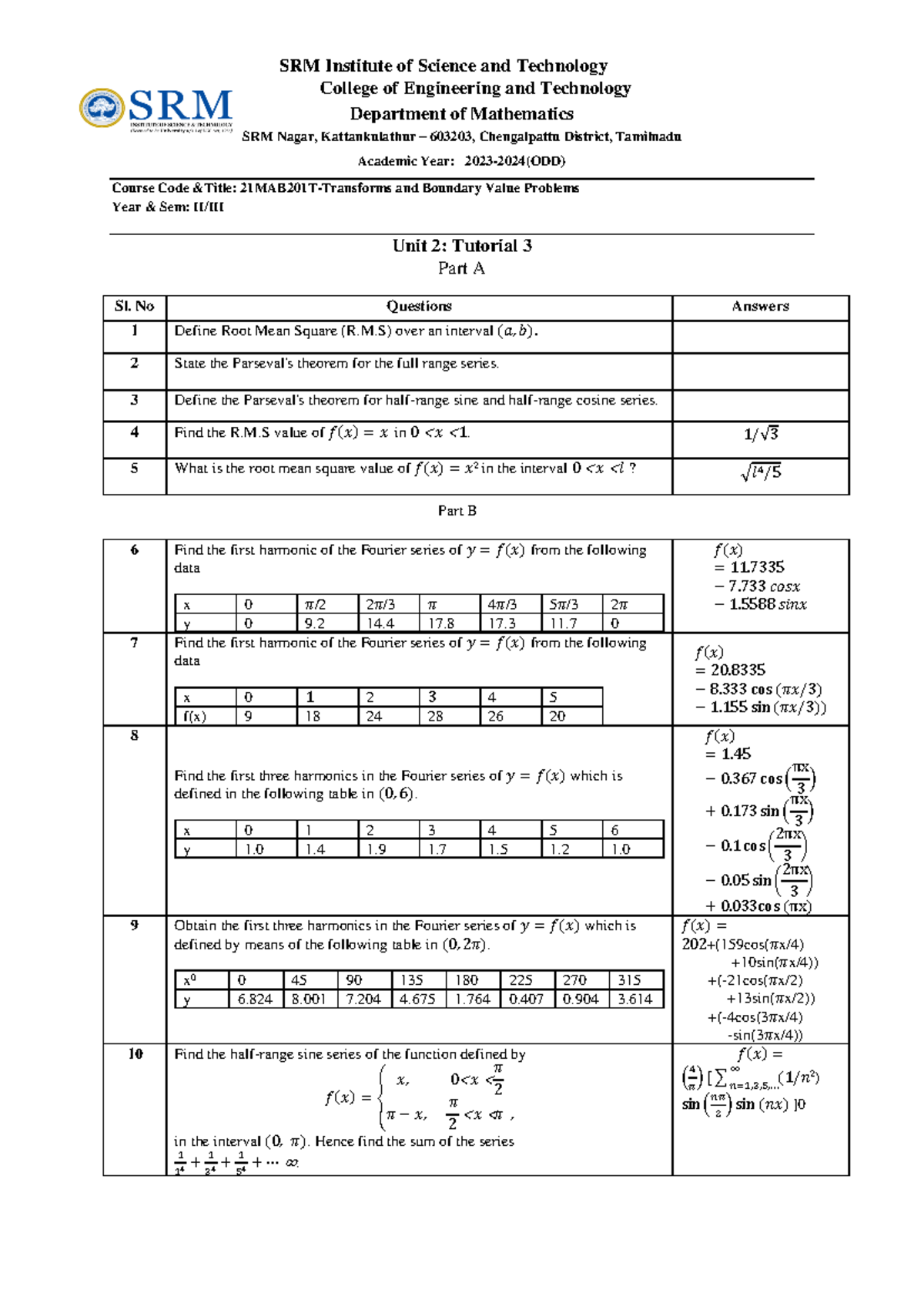 Unit 2 Tutorial 3: Boundary Value Problems - 21MAB201T - Studocu