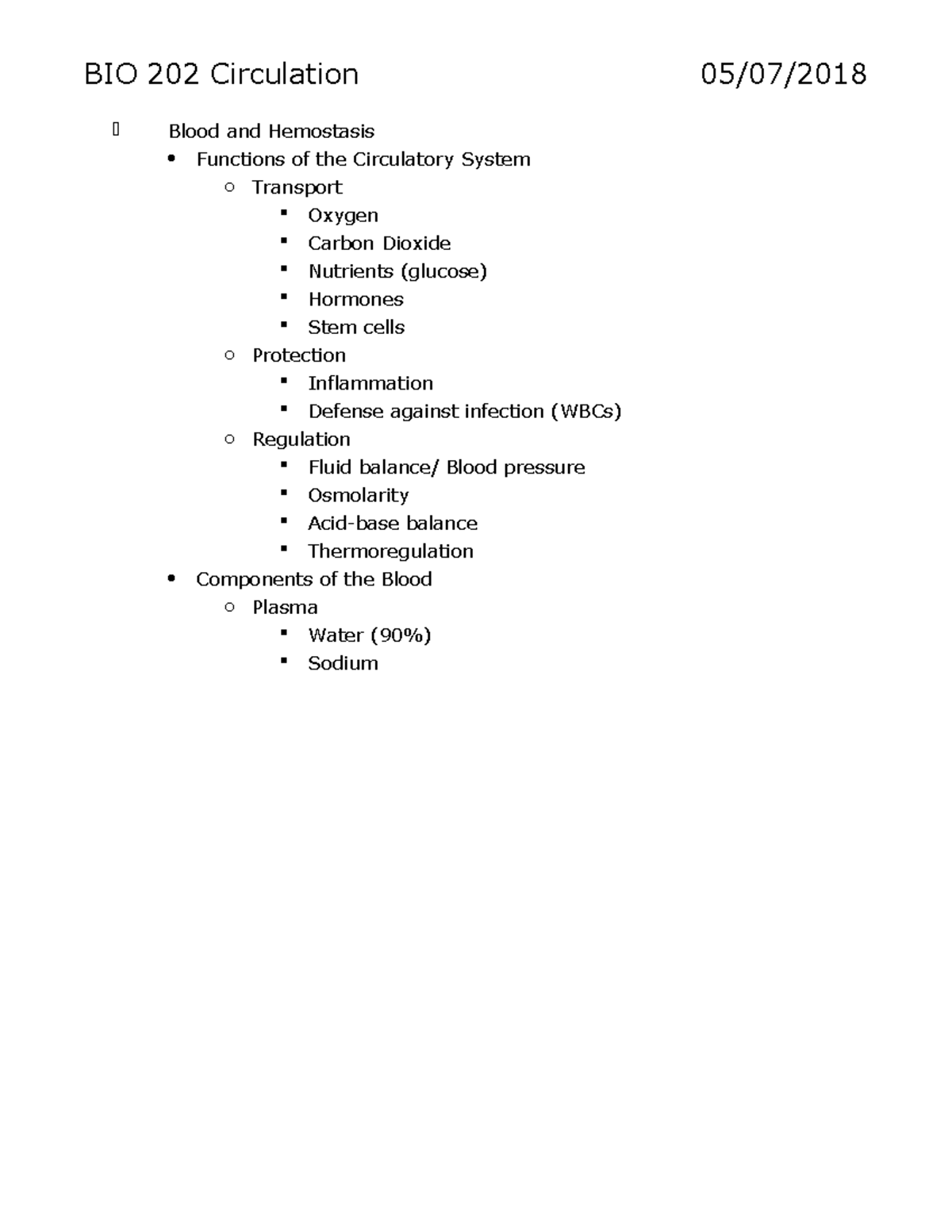 BIO 202 Circulation - Lecture notes Circulatory System - BIO 202 ...