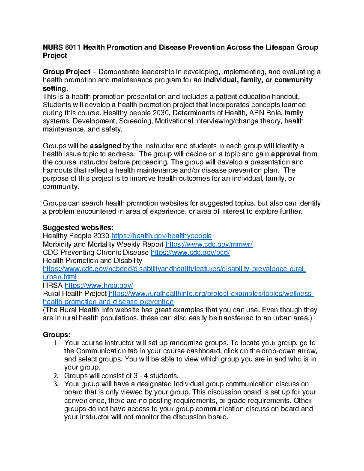 NURS 6011 Health Promotion & Disease Prevention Group Project - Studocu