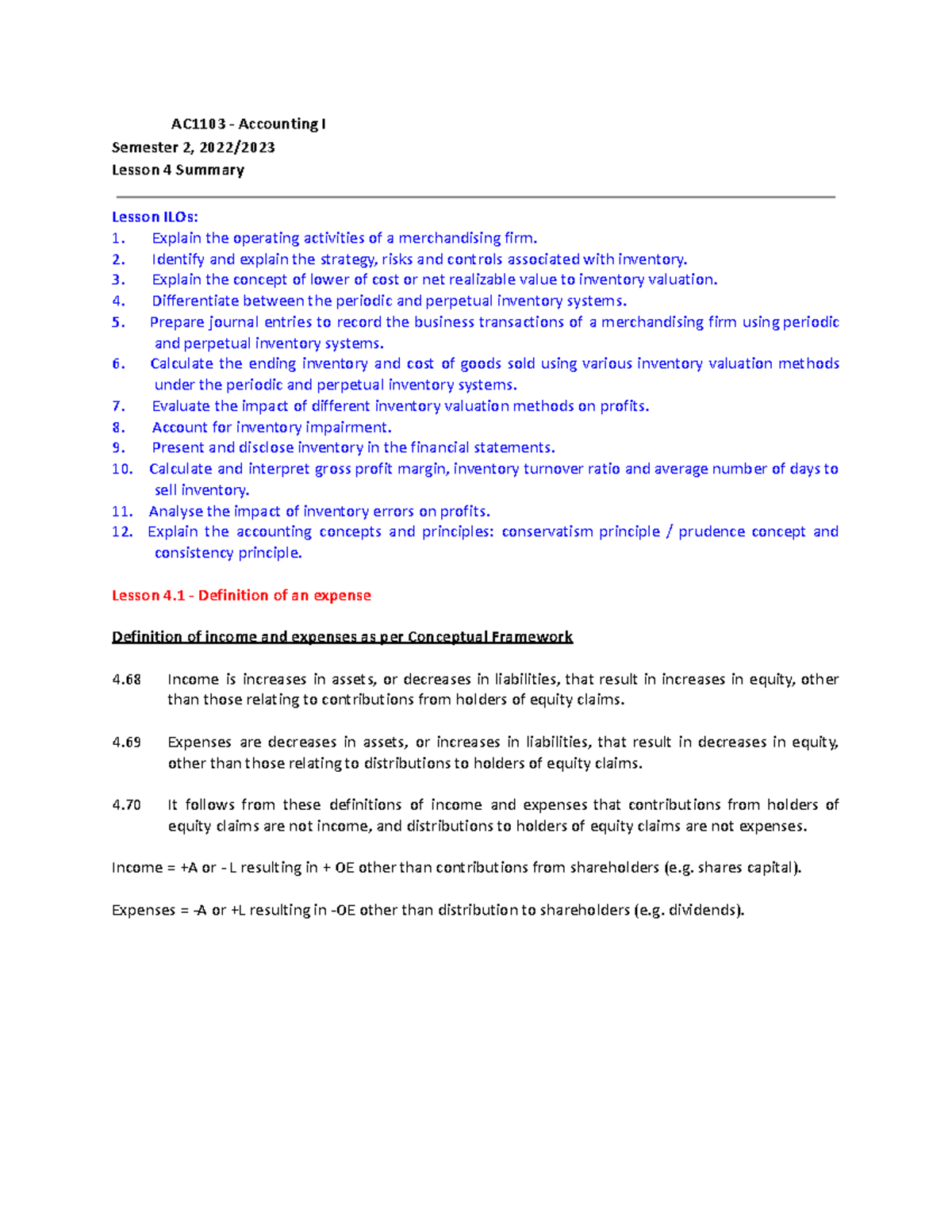 AC1103 Accounting I Semester 2, Lesson 4 Summary & Key Concepts - Studocu